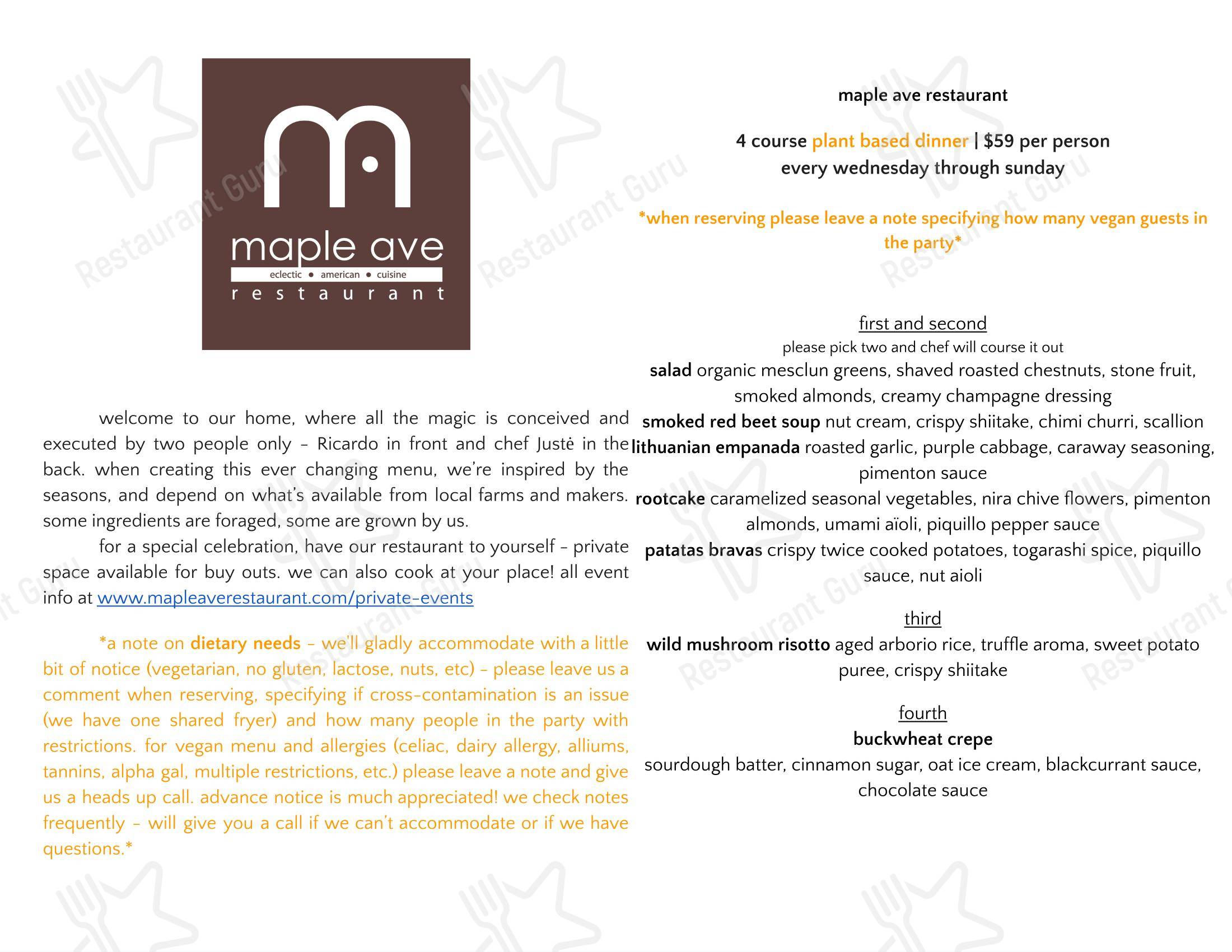 Menu at Maple Ave Restaurant, Vienna