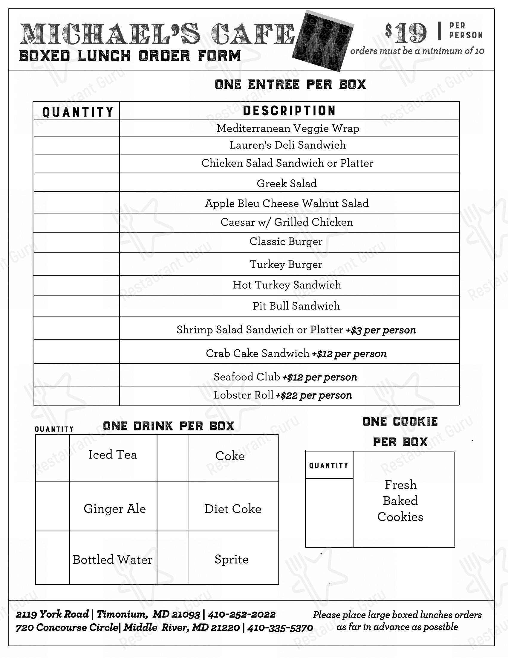 Menu at Michael's Cafe White Marsh-Middle River, Middle River