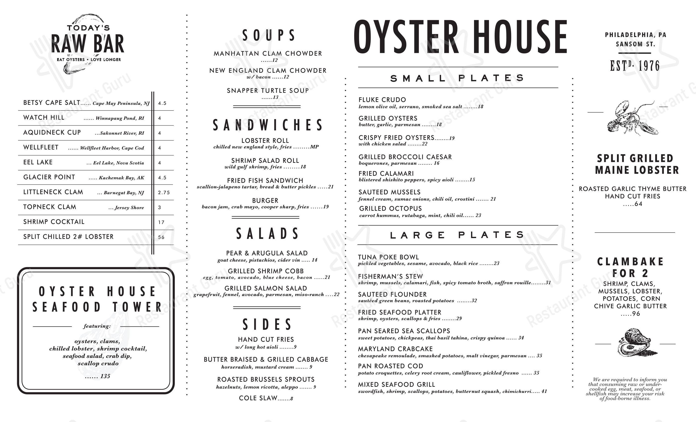 Menu at Oyster House restaurant, Philadelphia