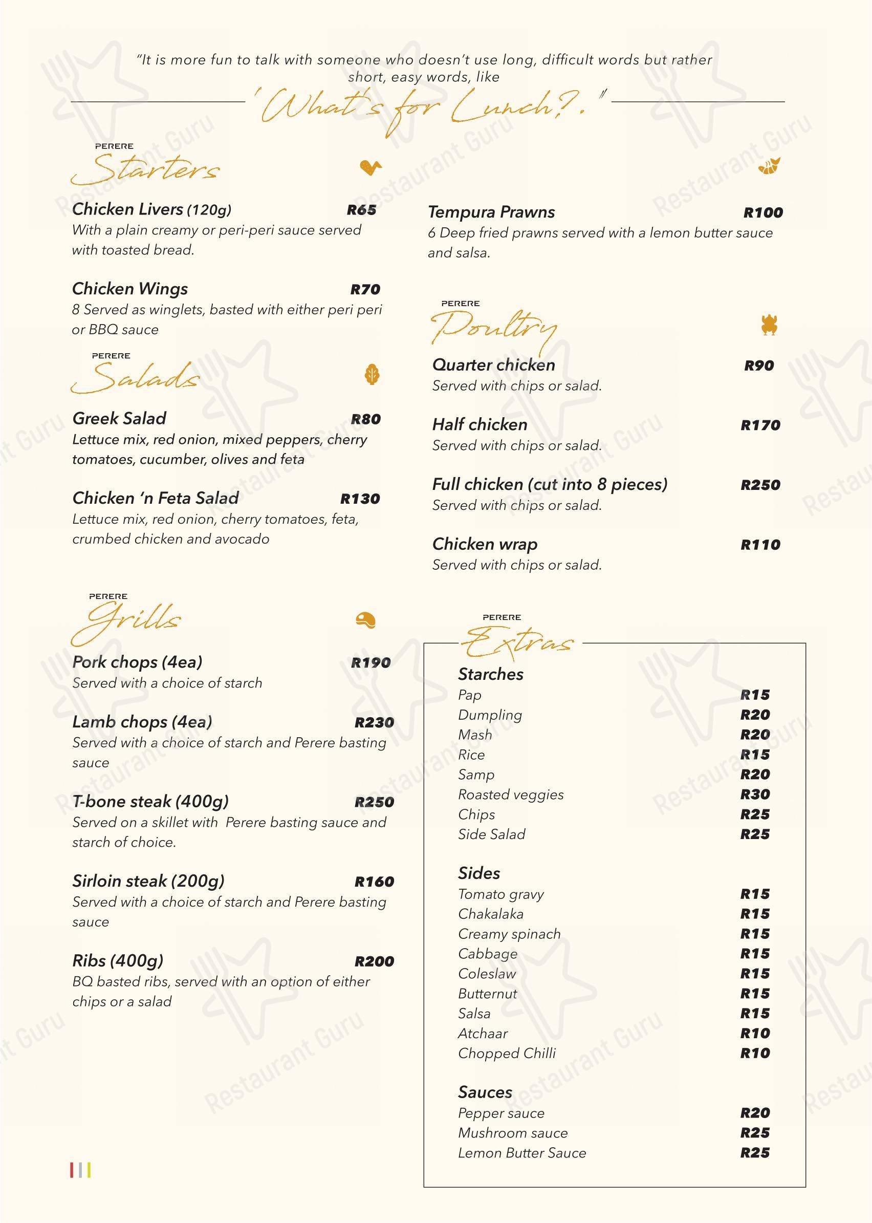 Menu at Perere Midrand restaurant, Midrand, 5th Rd