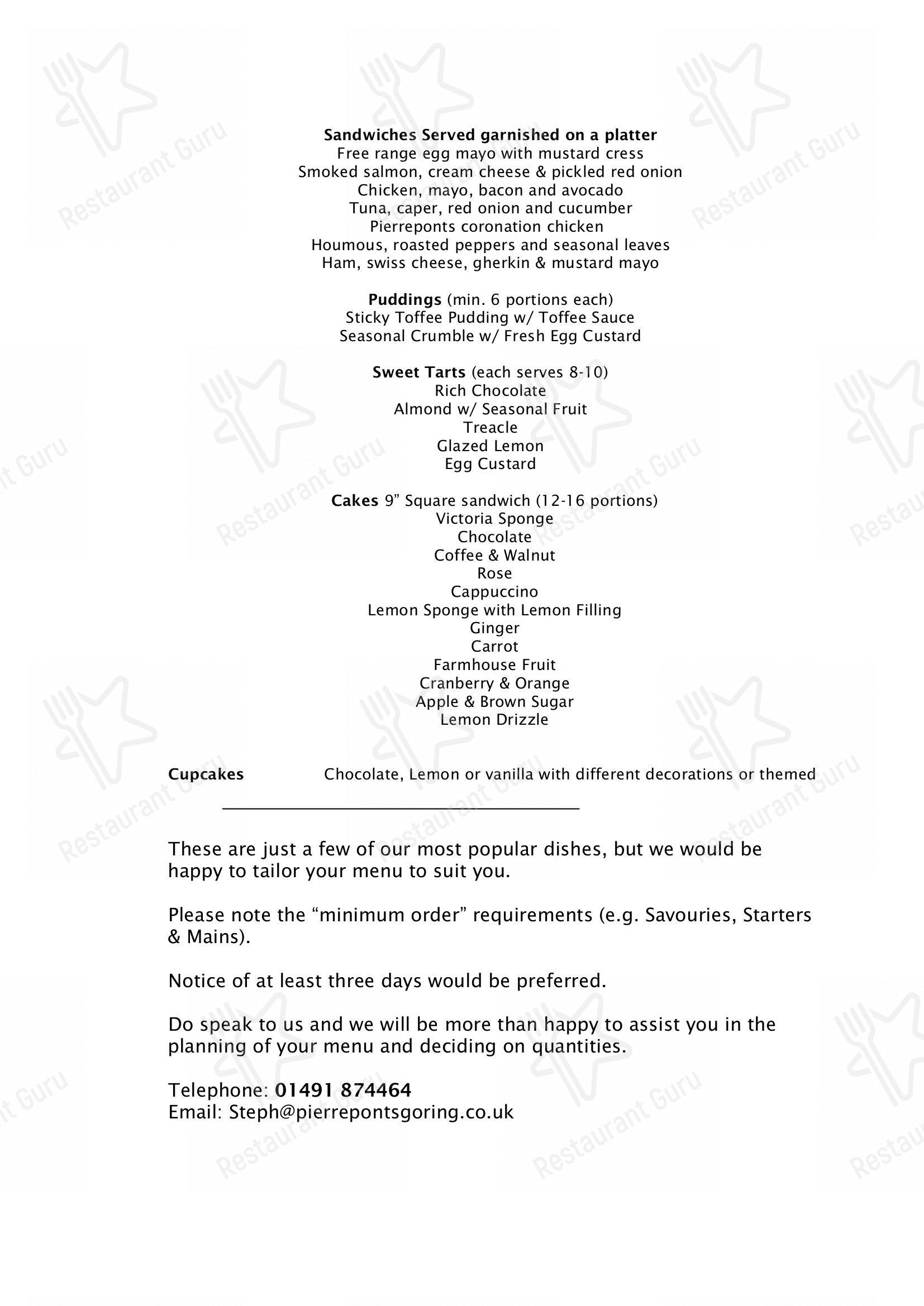 Menu at Pierreponts Café cafe, Goring