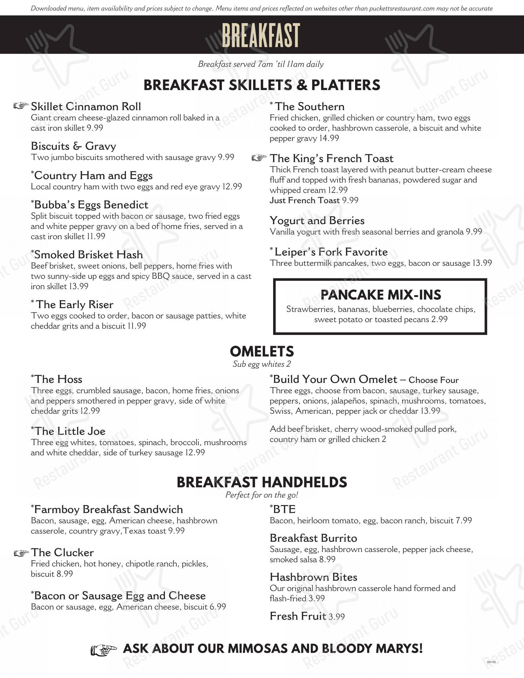 Menu at Puckett's Restaurant, Cullman
