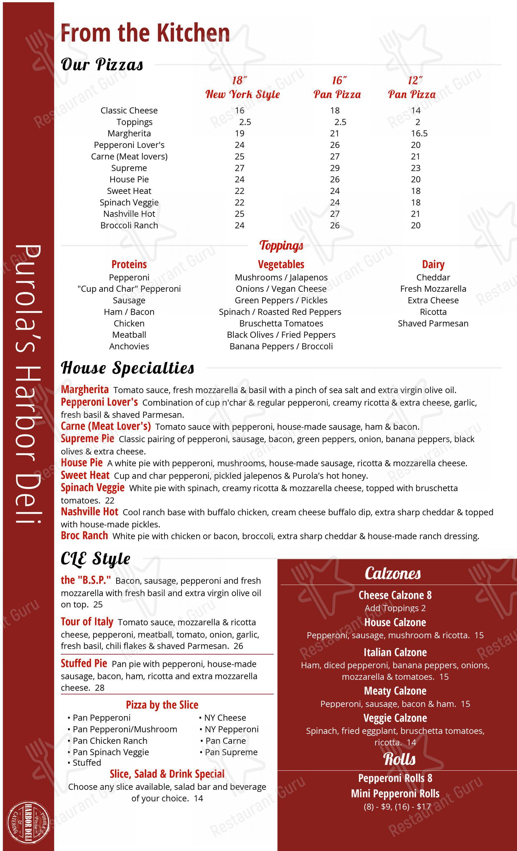 Menu at Purola's Harbor Deli restaurant, Ashtabula, Lake Ave