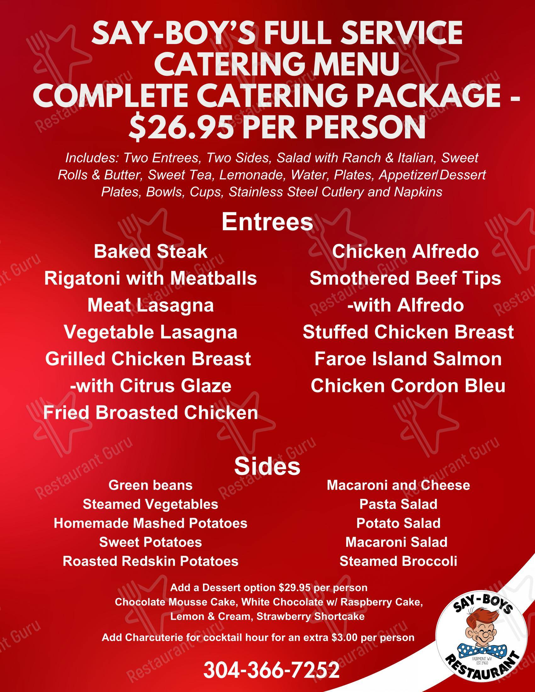 Menu at Say-Boy Restaurant, Fairmont