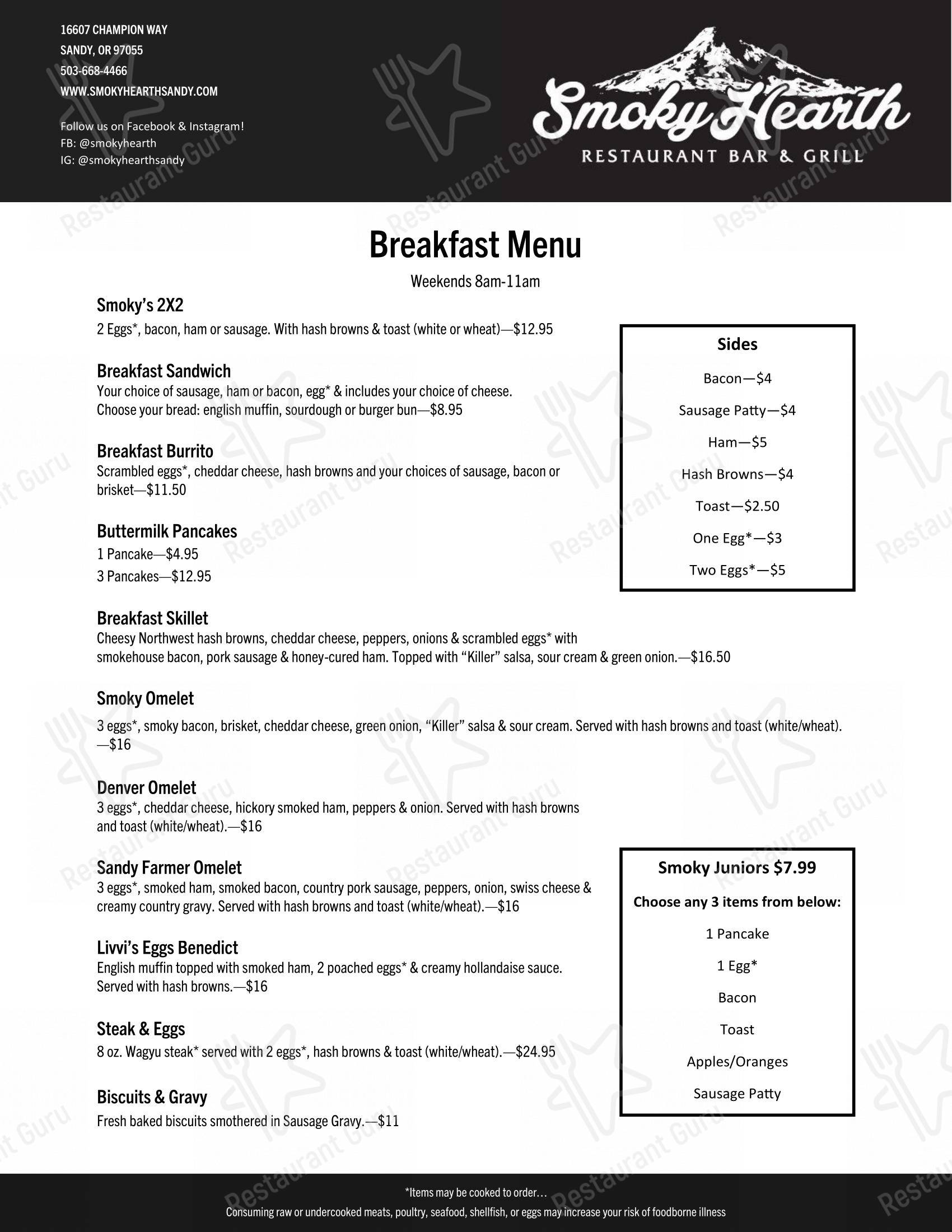 Menu at Smoky Hearth Restaurant Bar & Grill, Sandy