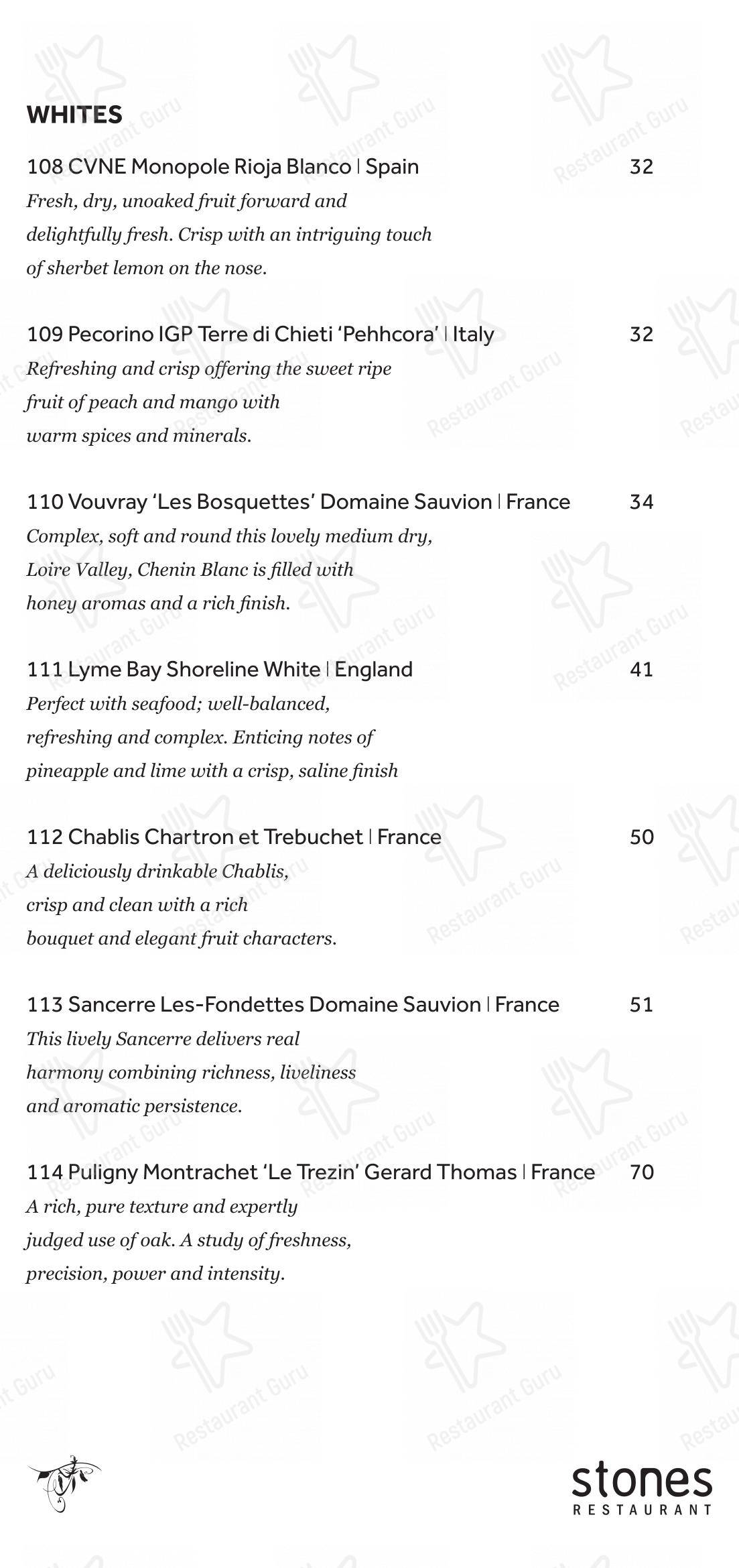 Menu at Stones restaurant, Matlock
