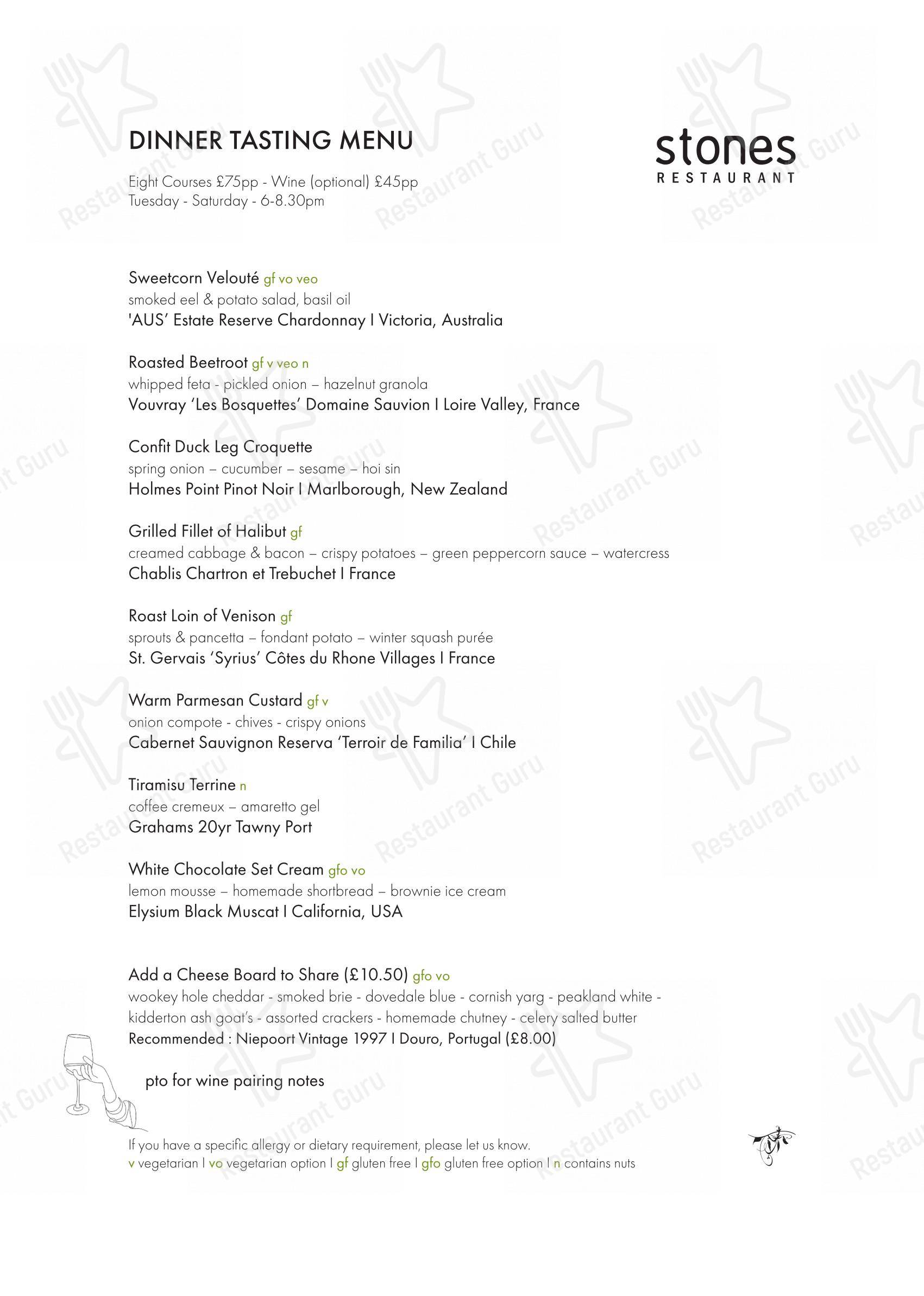 Menu at Stones restaurant, Matlock