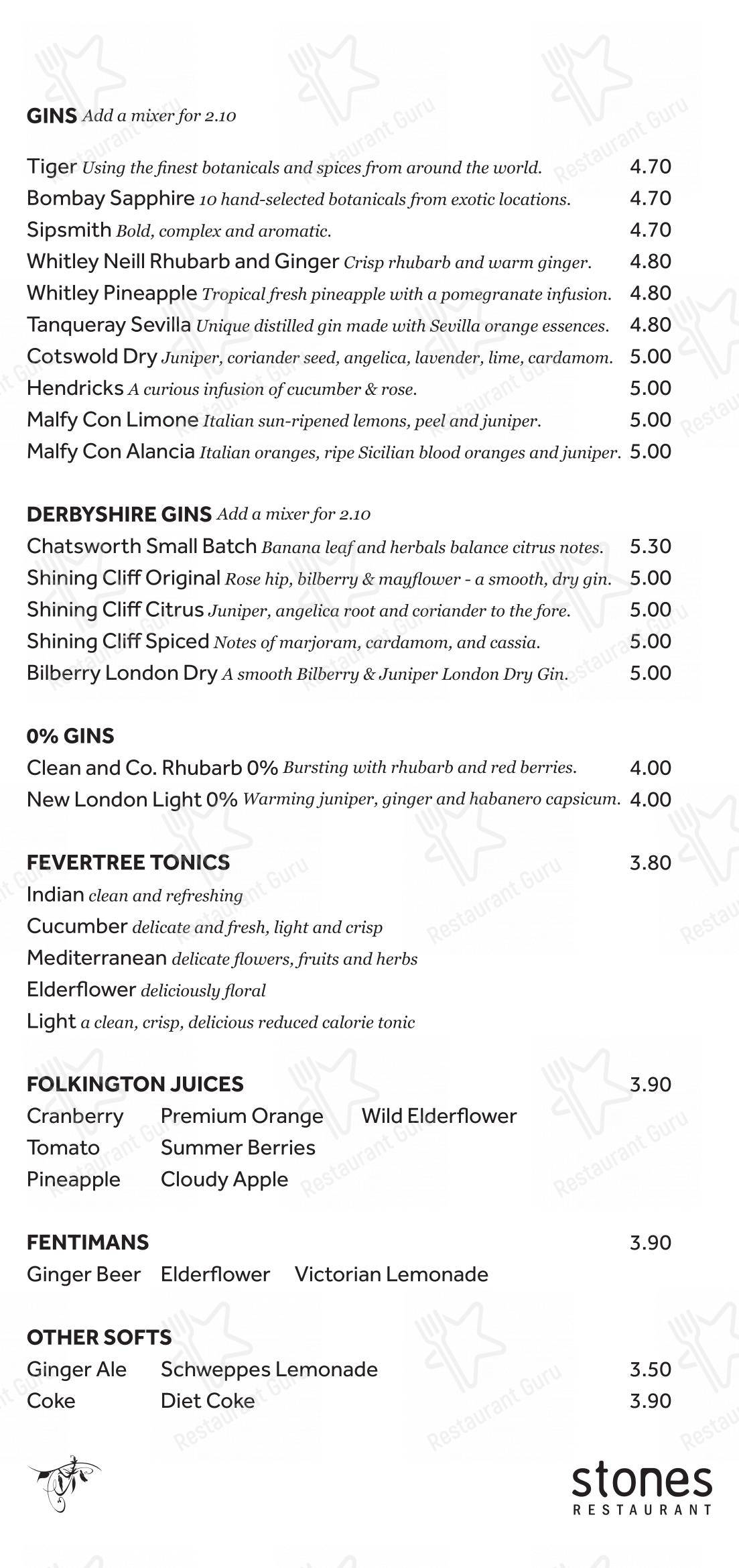 Menu at Stones restaurant, Matlock