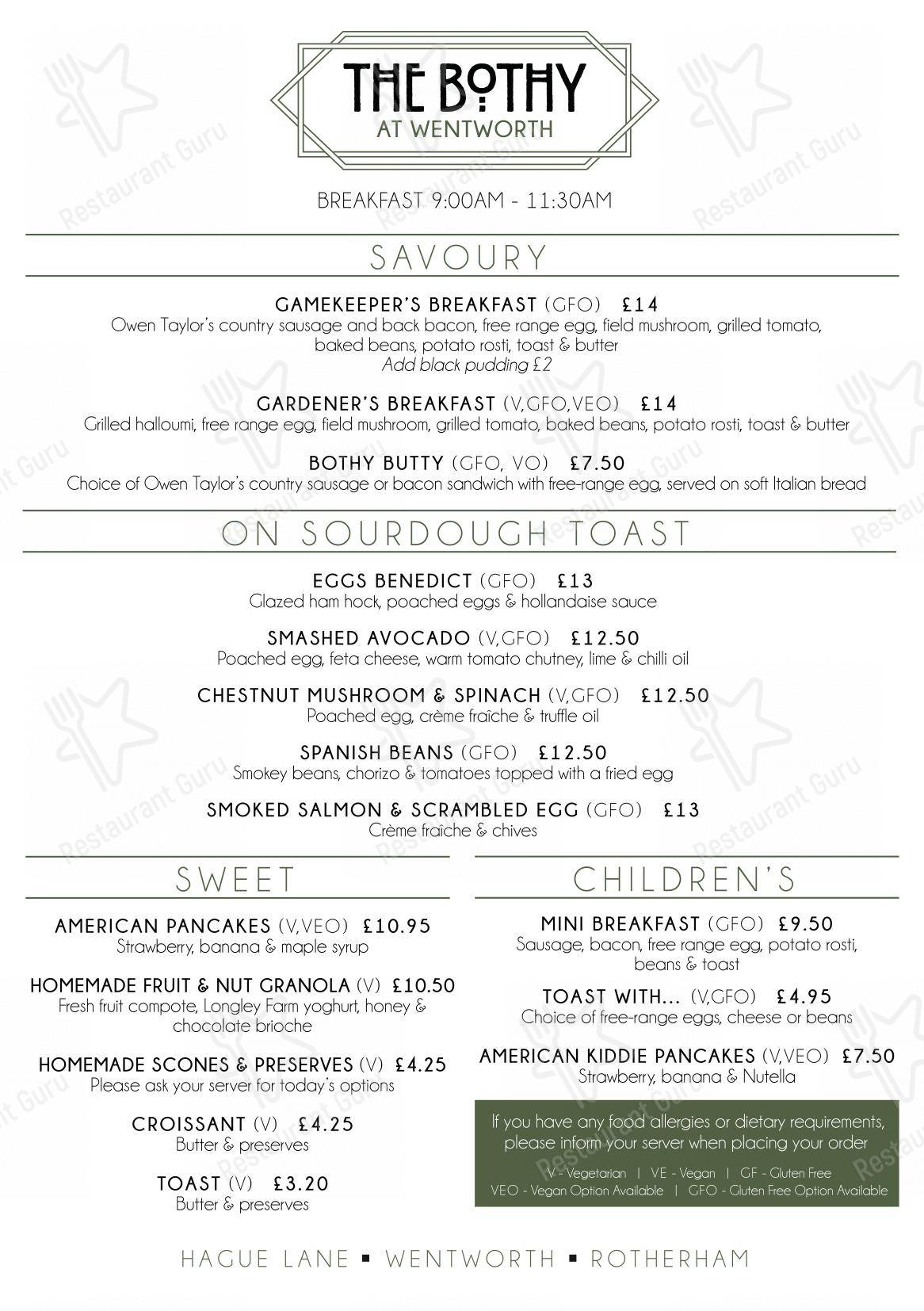 Menu at The Bothy restaurant, Rotherham