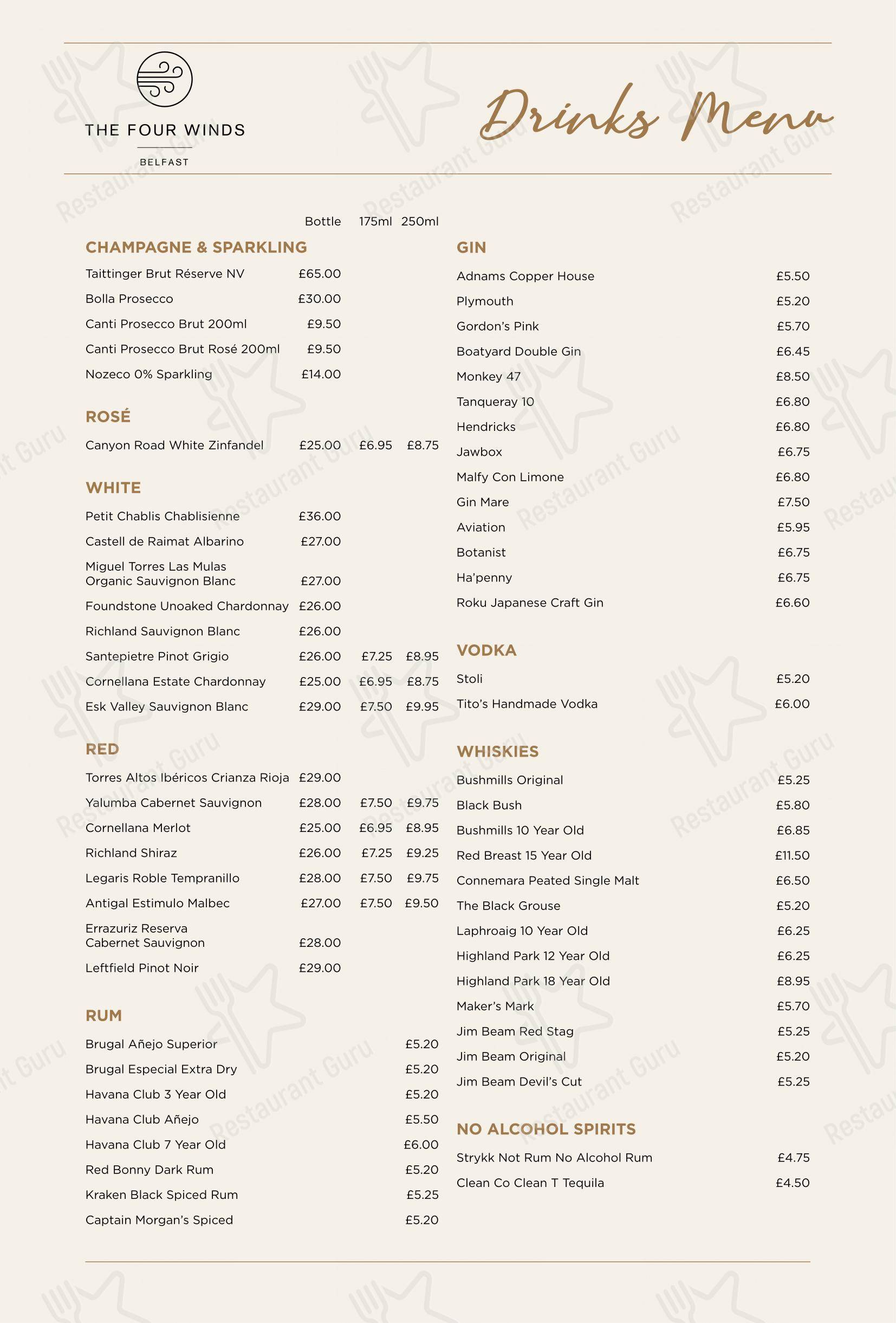 Menu at The Four Winds restaurant, Belfast