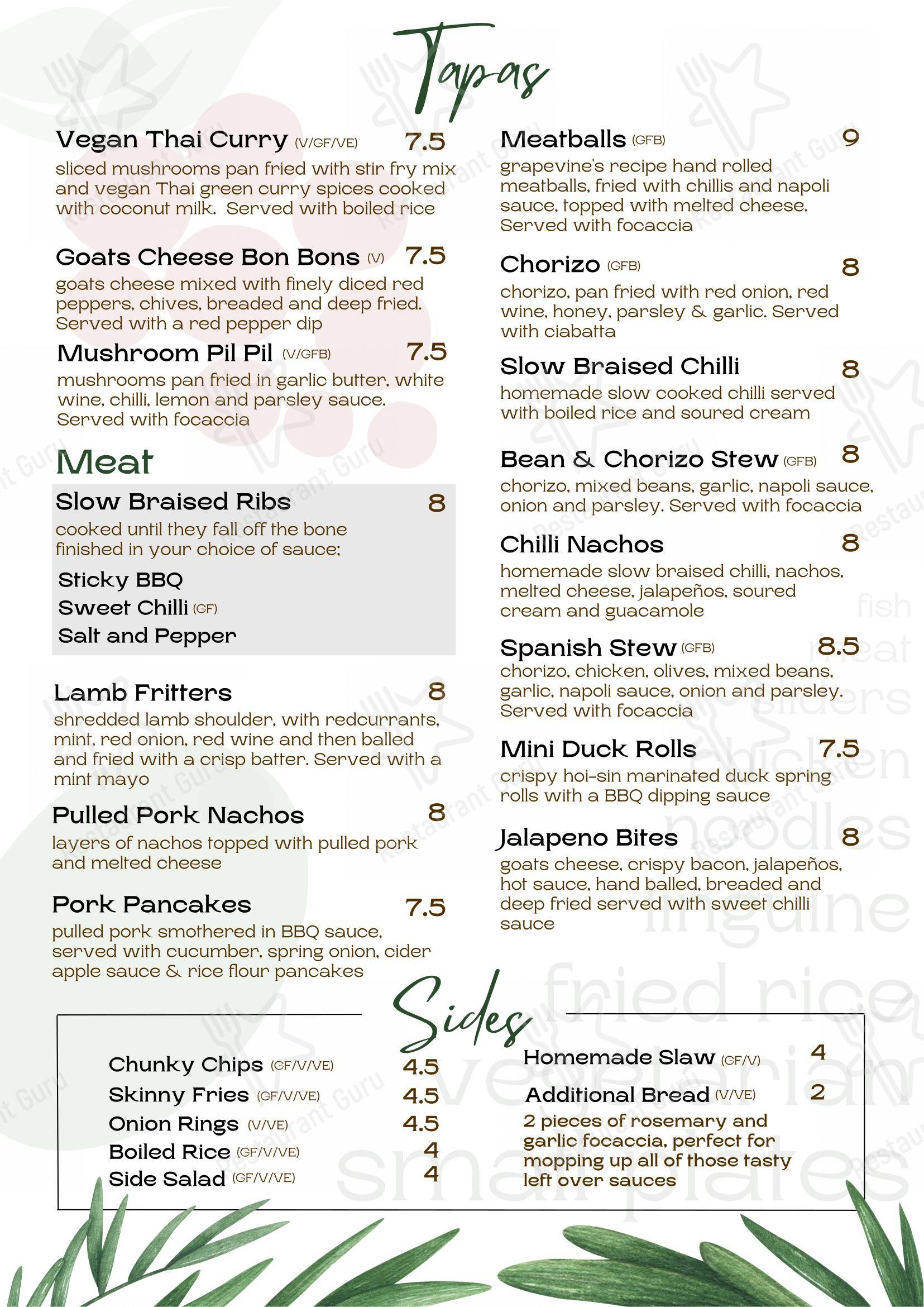 Menu at The Grapevine Restaurant, Southport