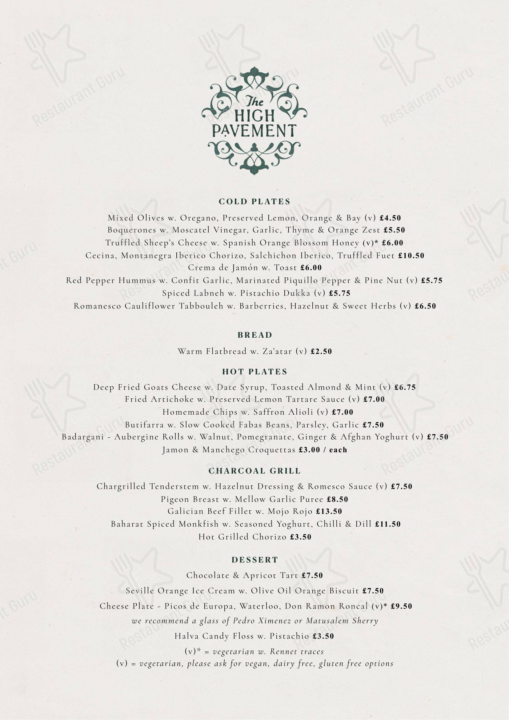 Menu at The High Pavement restaurant, Frome