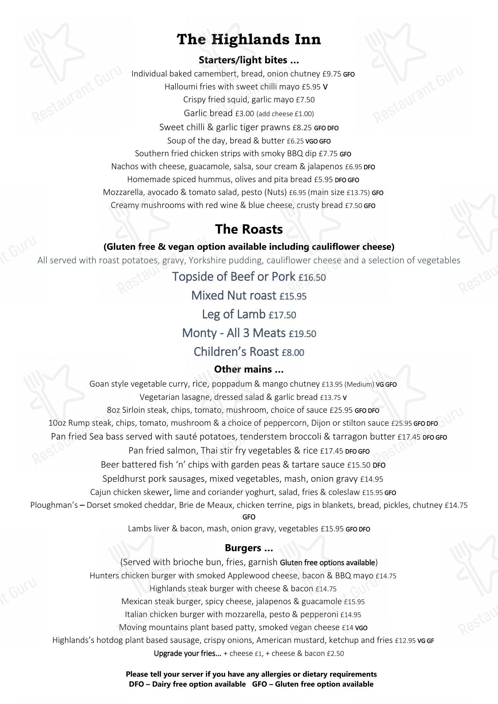 Menu at The Highlands Inn pub & bar, Uckfield, Eastbourne Rd