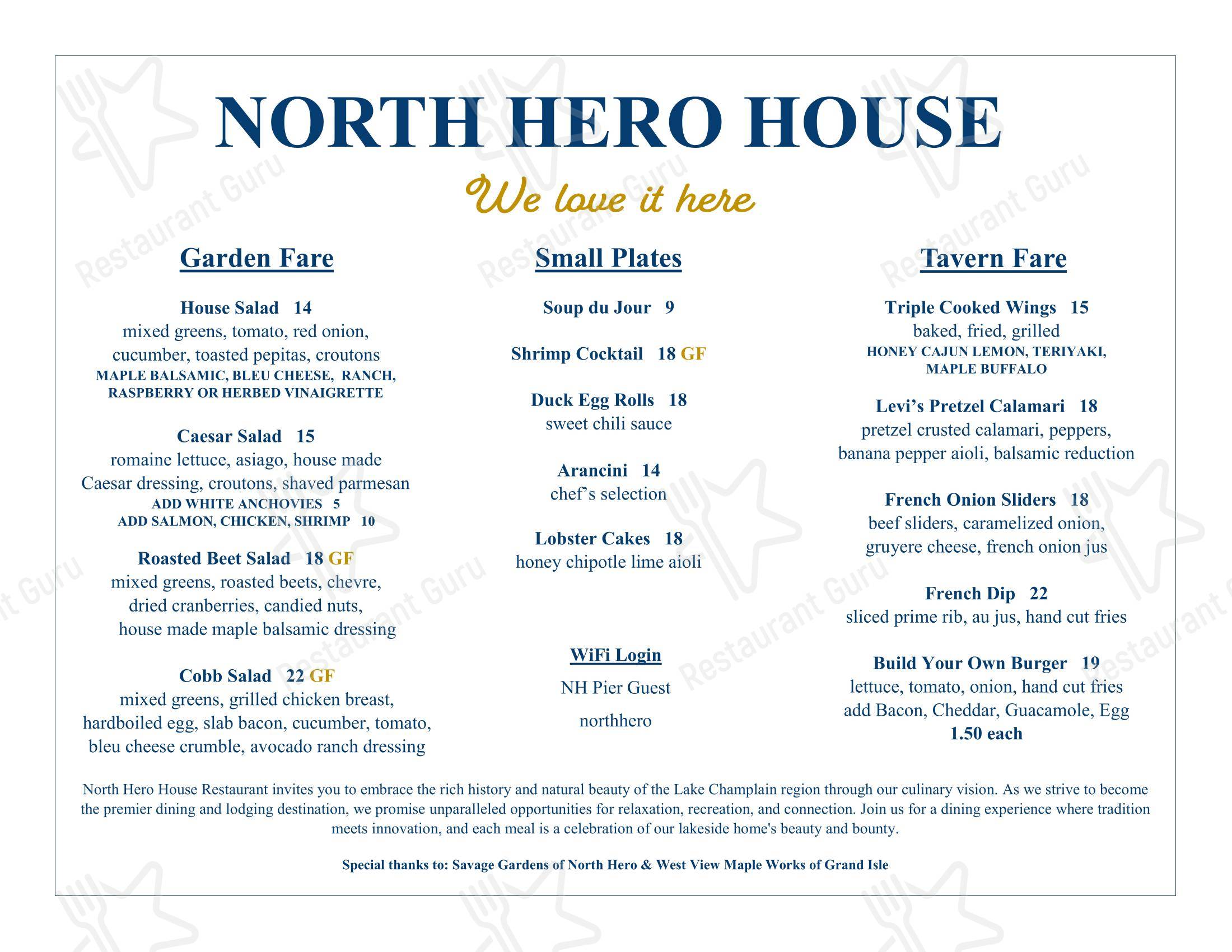 Menu at The North Hero House Inn & Restaurant, North Hero, US-2