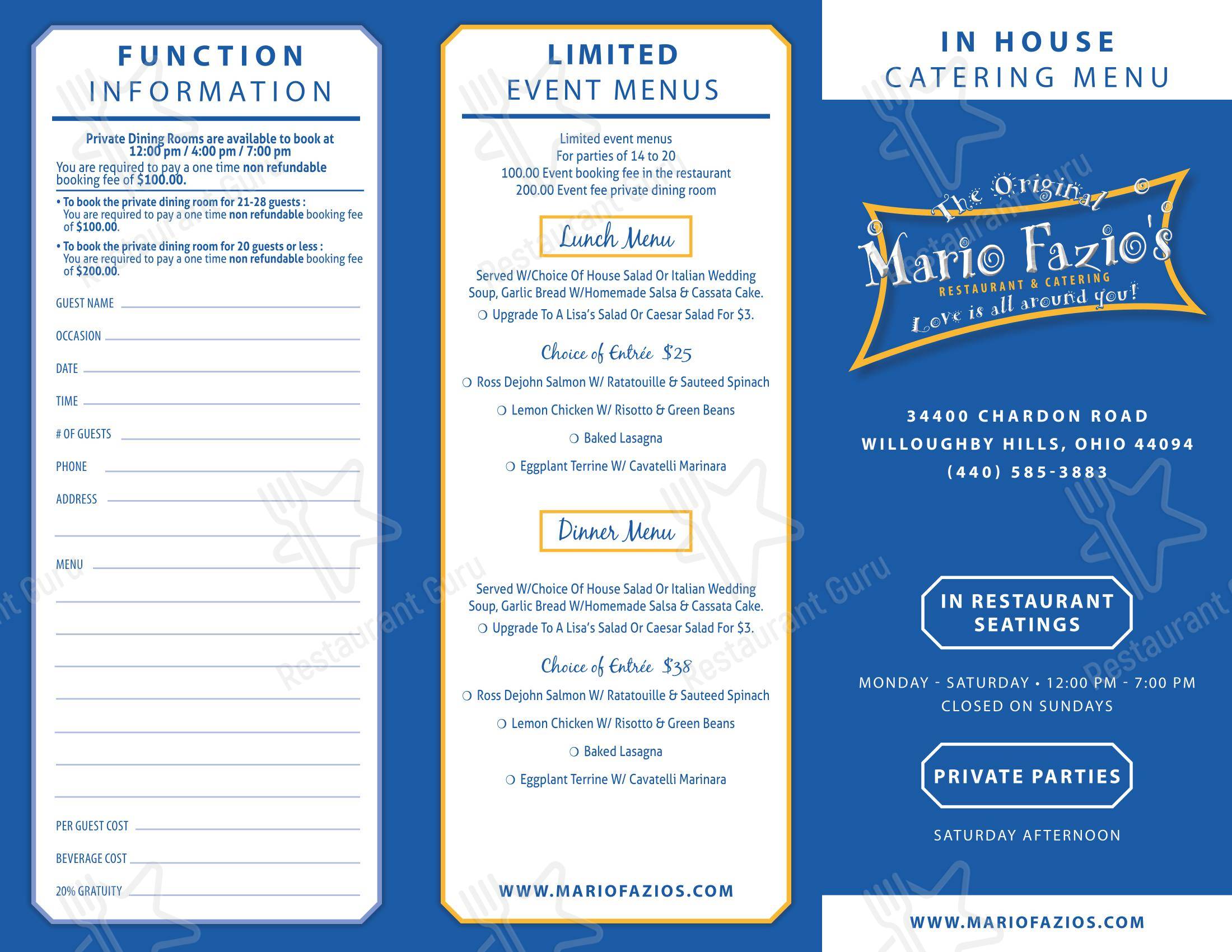 Menu at The Original Mario Fazios restaurant, Willoughby Hills