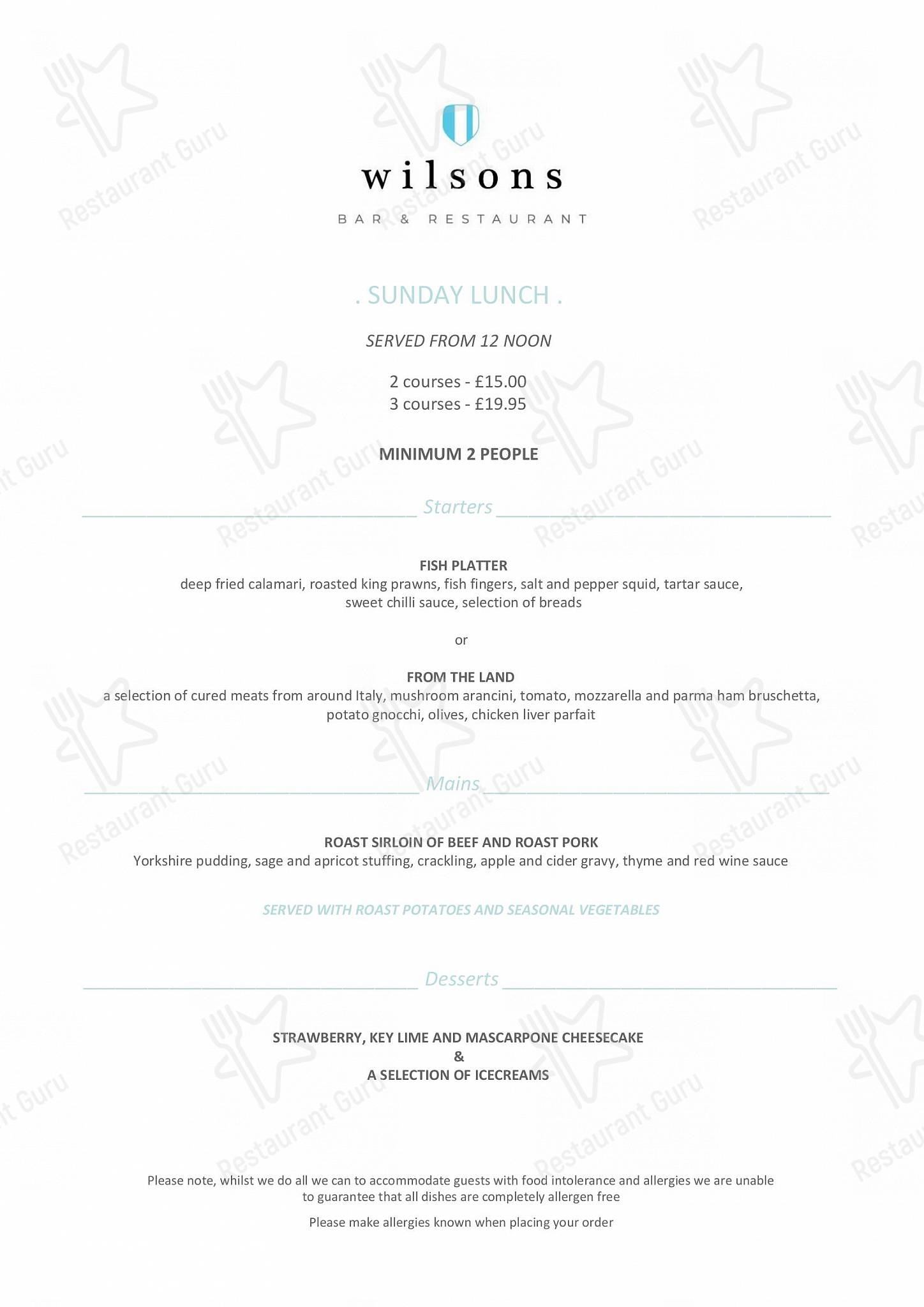 Menu at Wilsons pub & bar, Oswestry