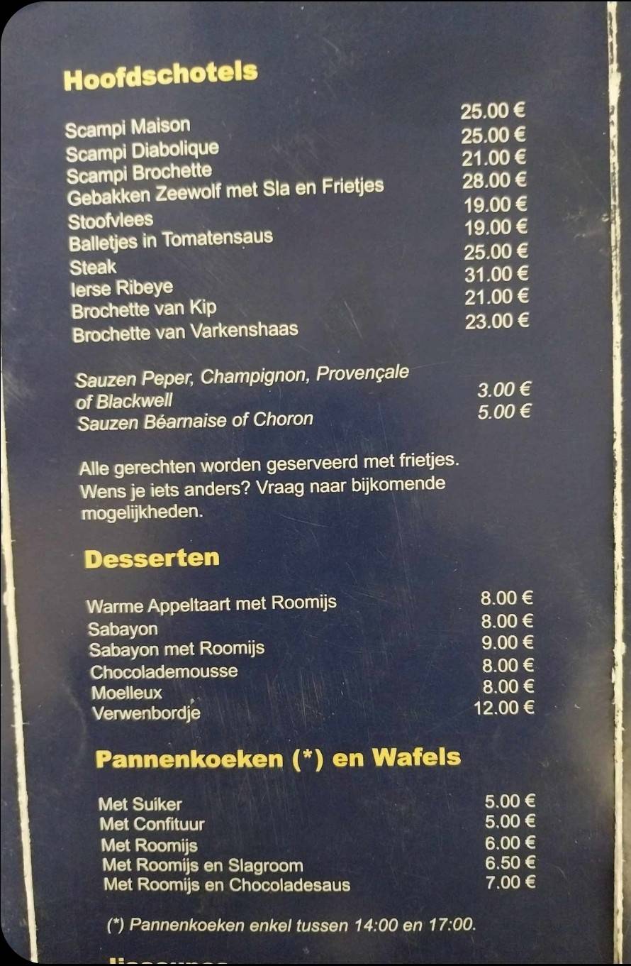 Menu at 't Horlogeken restaurant, Haaltert