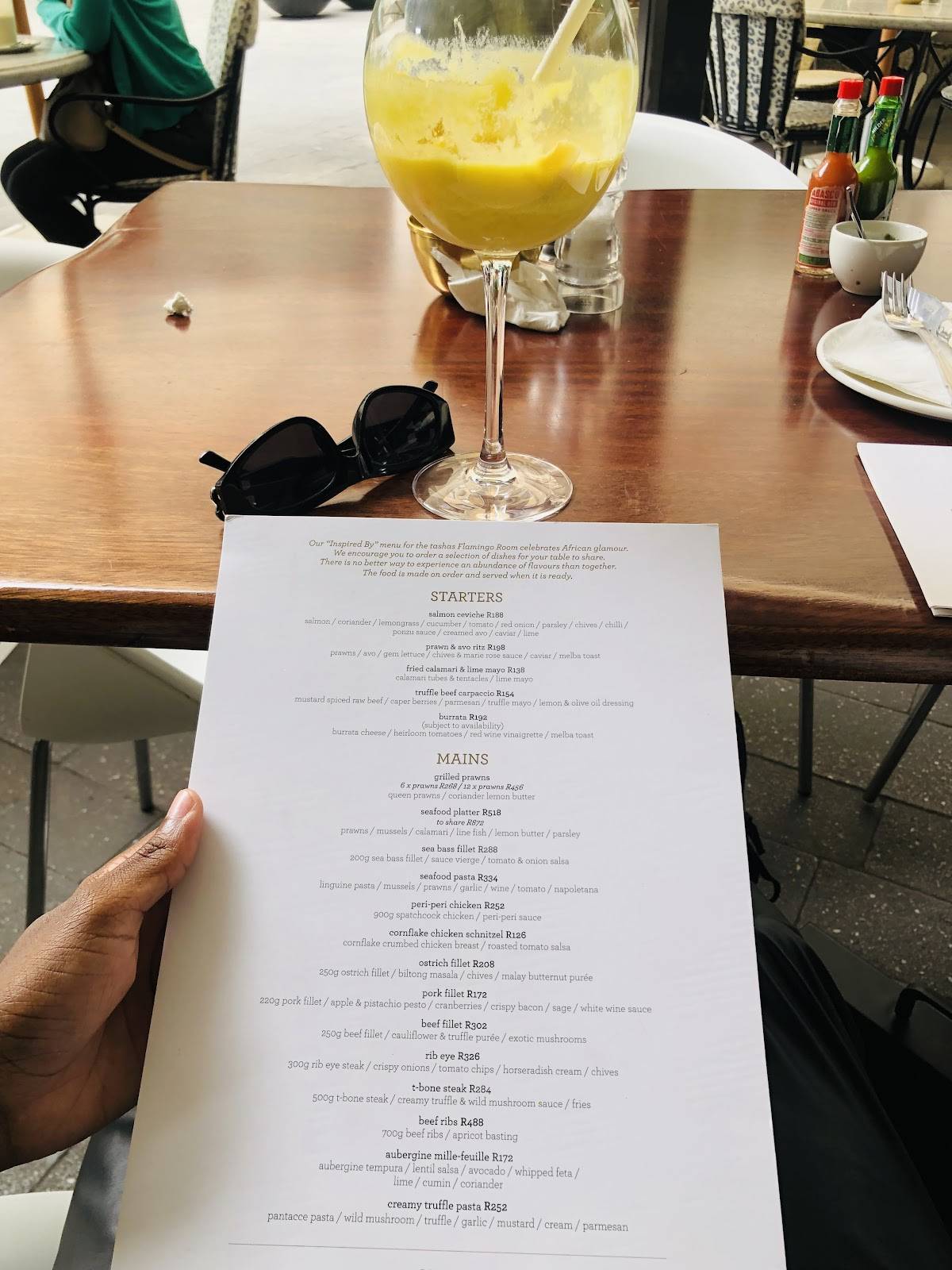 Menu at tashas Nelson Mandela Square restaurant, Johannesburg