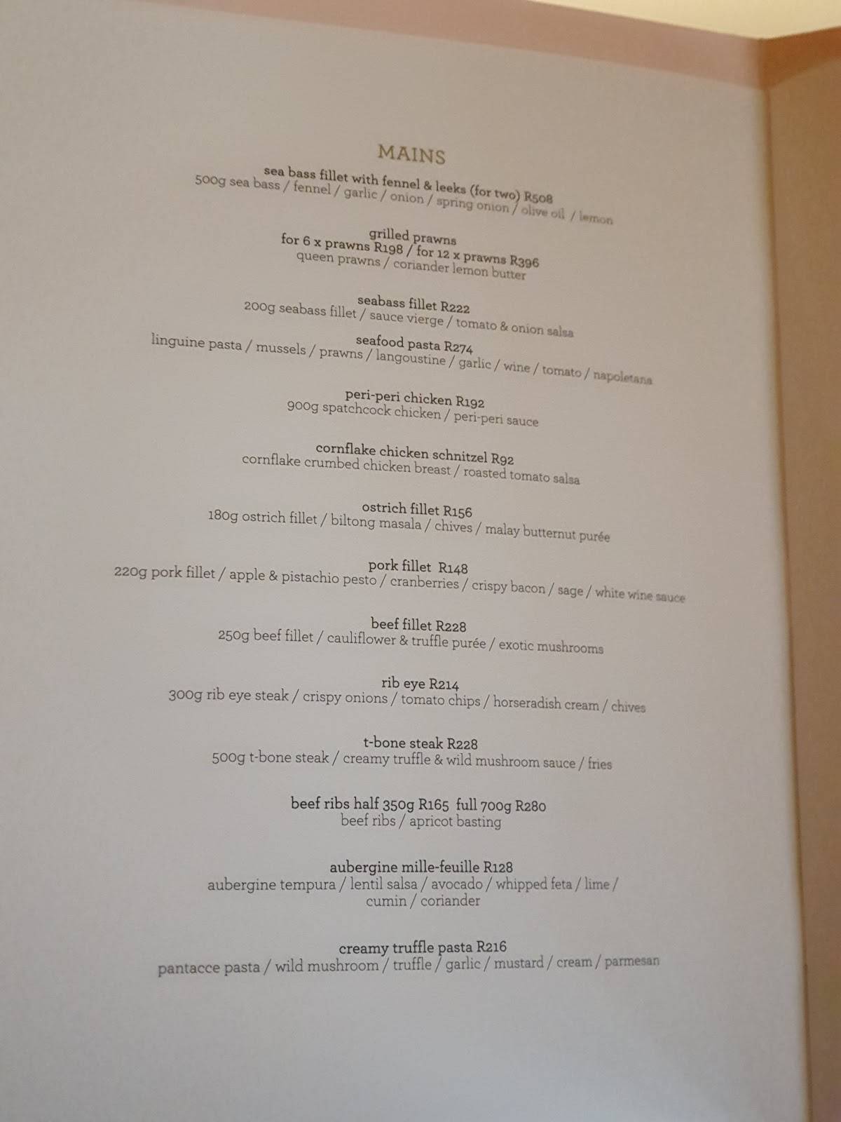 Menu at tashas Nelson Mandela Square restaurant, Johannesburg