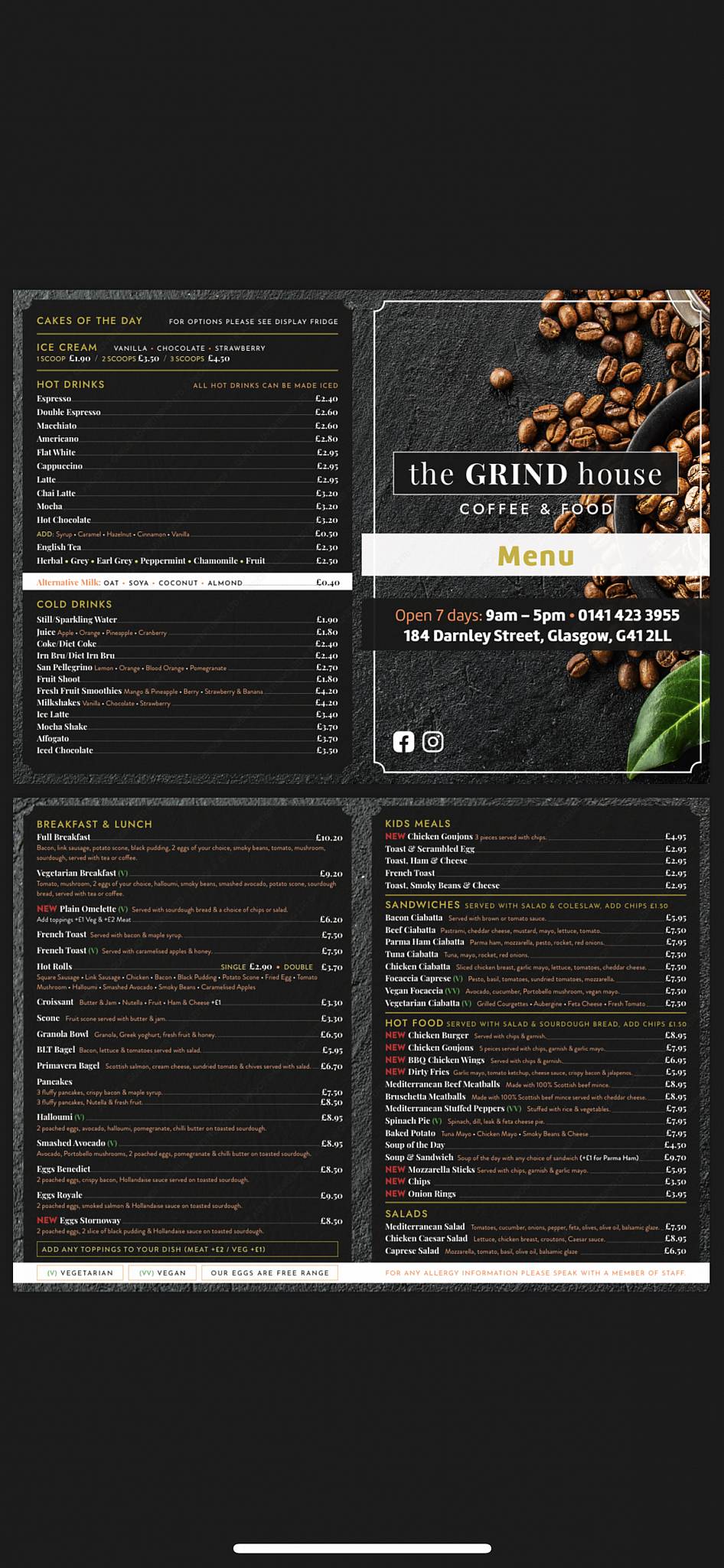 Menu at the GRIND house restaurant, Glasgow