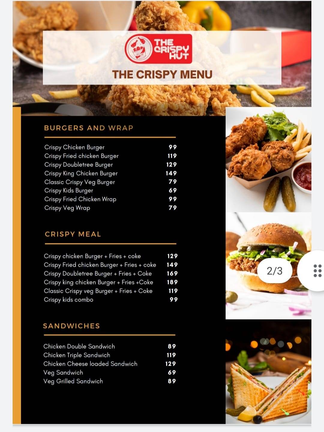 Menu at the crispy hut, Hosur