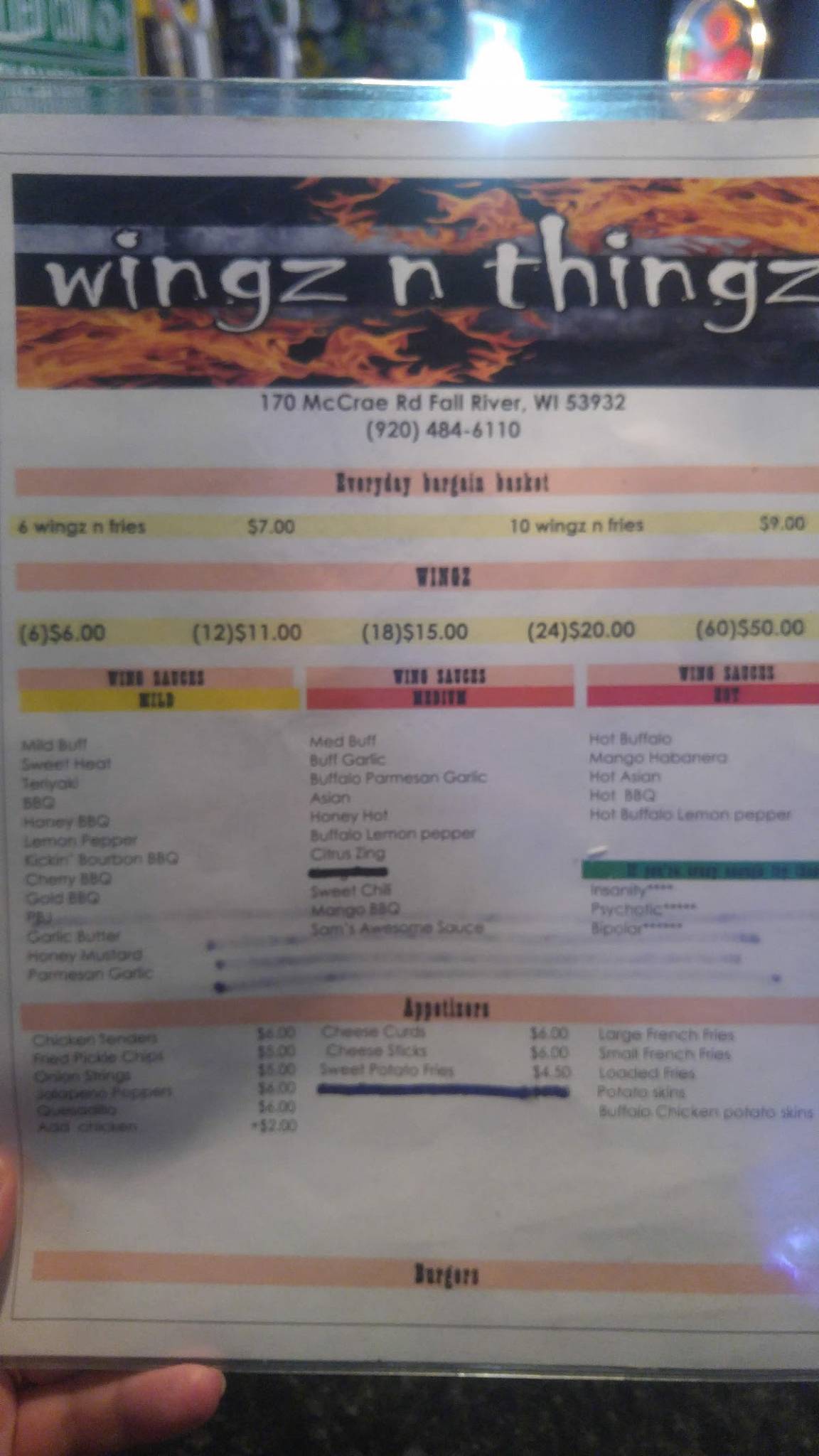 Menu at wingz n thingz pub & bar, Fall River