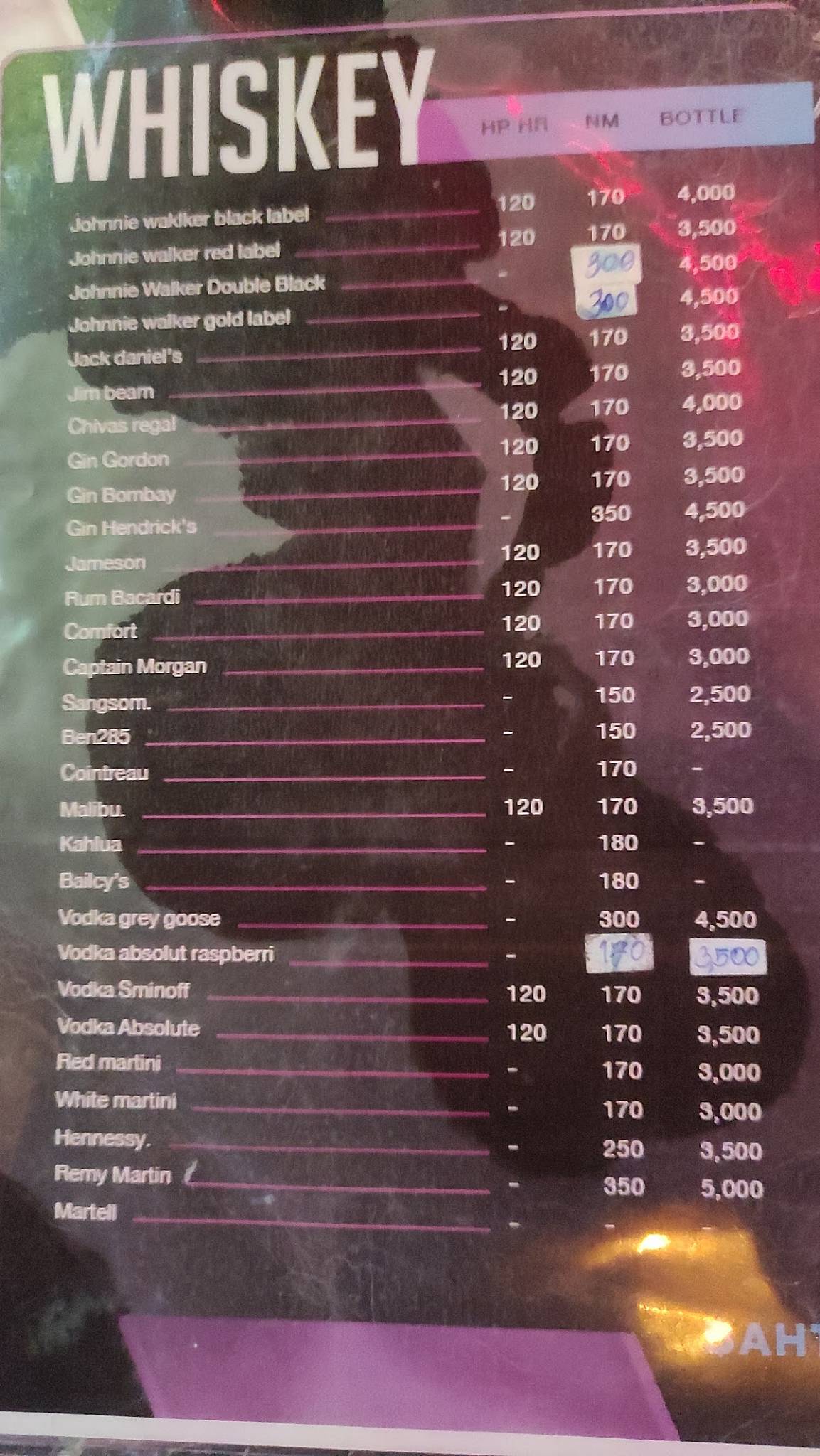 Menu at modern teen bar, Bangkok