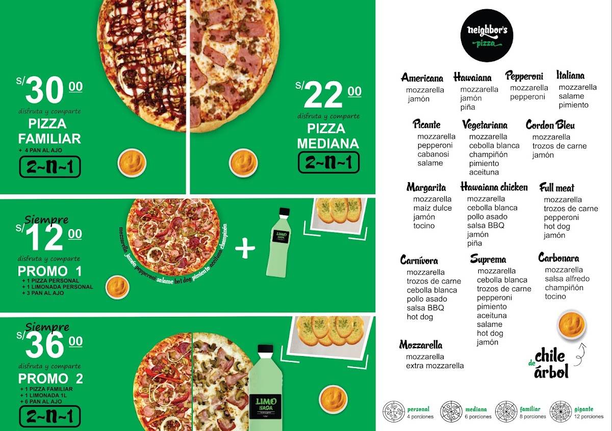 Carta del restaurante neighbor's pizza, San Martín del Porres