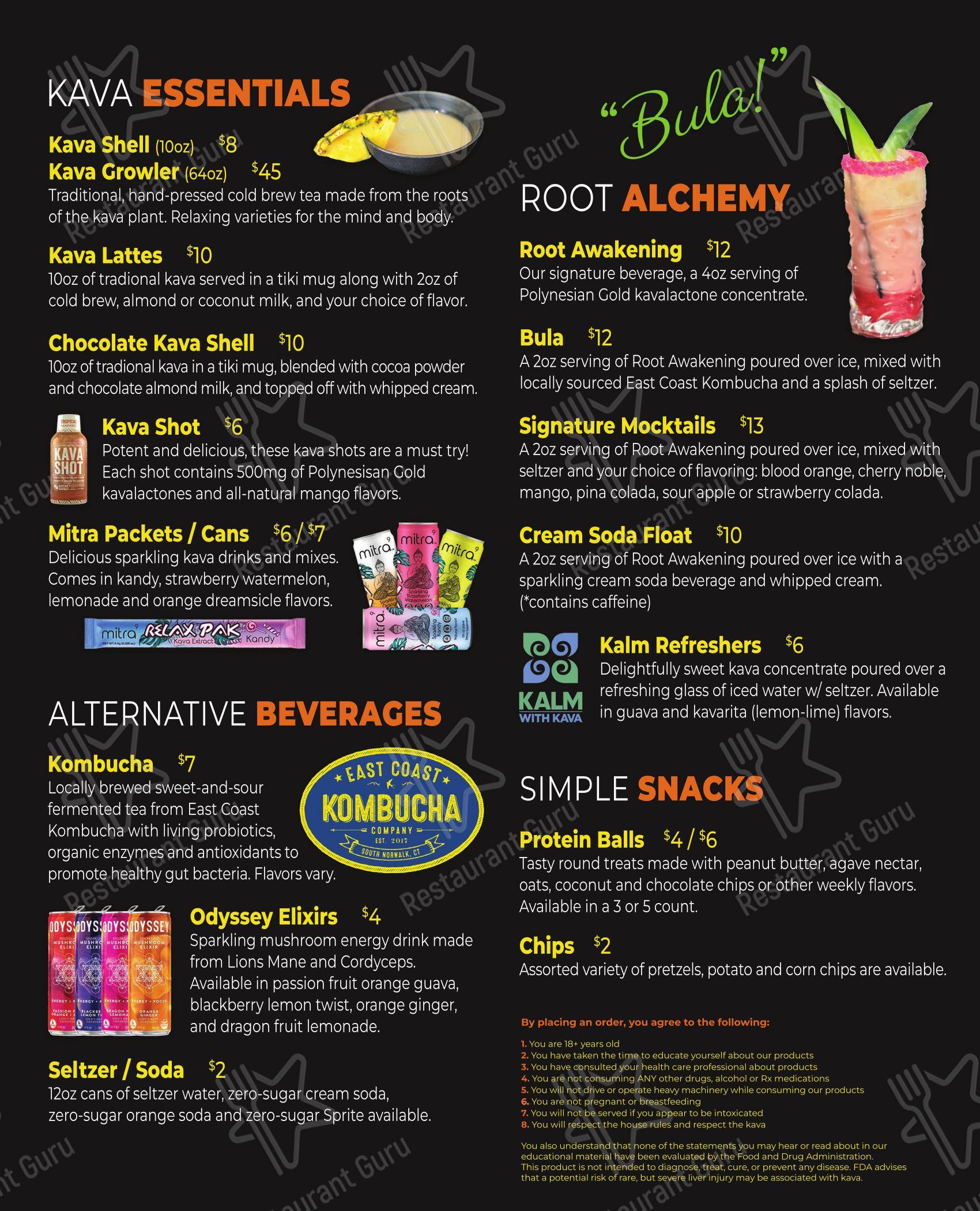 Menu at Root Awakening Kava Bar, Nashua