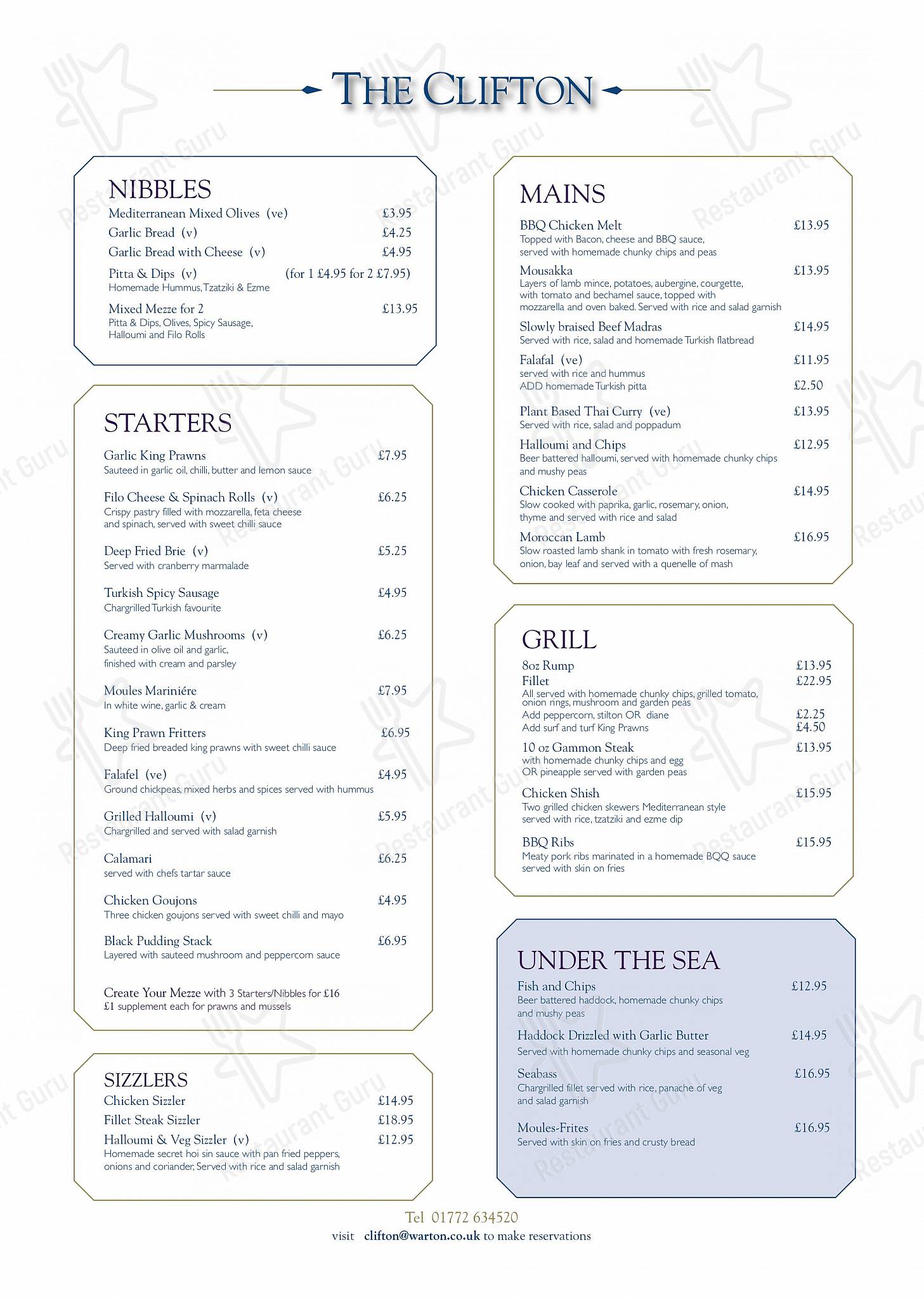 Menu at The Clifton at Warton restaurant, Freckleton