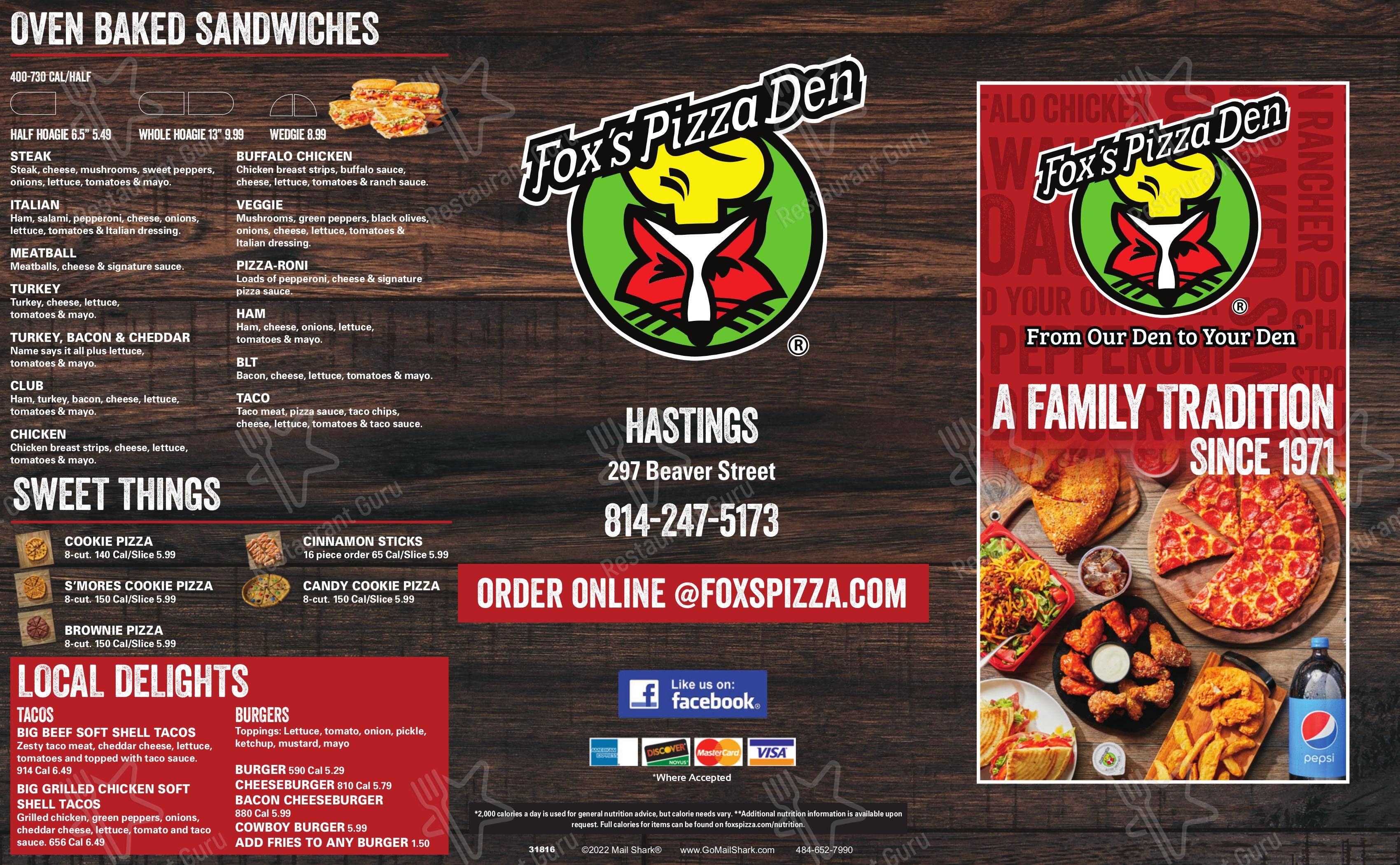 Menu at Fox's Pizza Den restaurant, Hastings