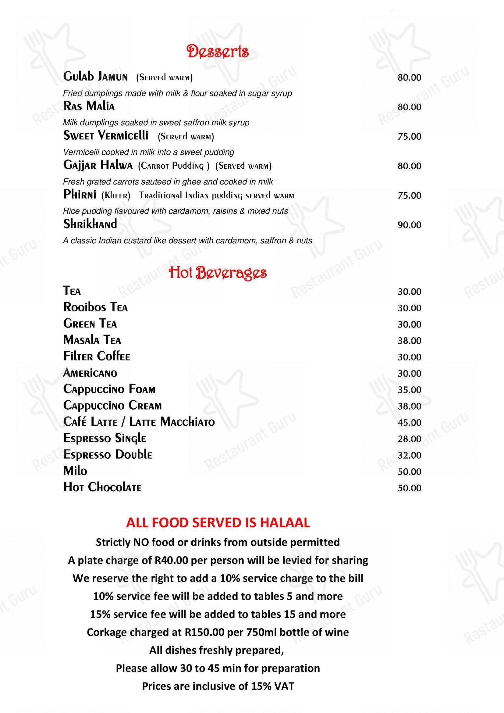 Menu at Namaskar Restaurant, Pretoria