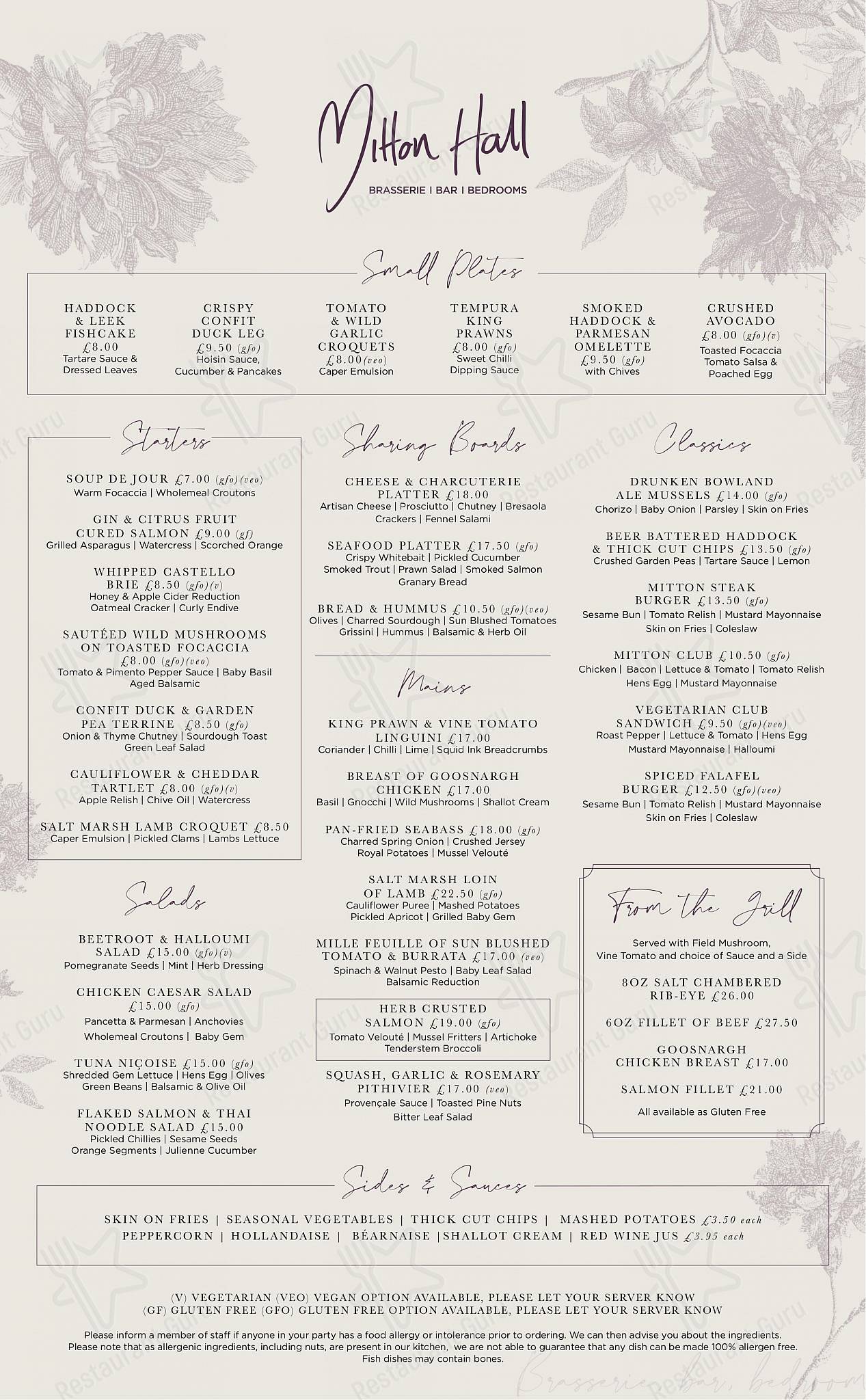 Menu at Mitton Hall Hotel restaurant, Clitheroe