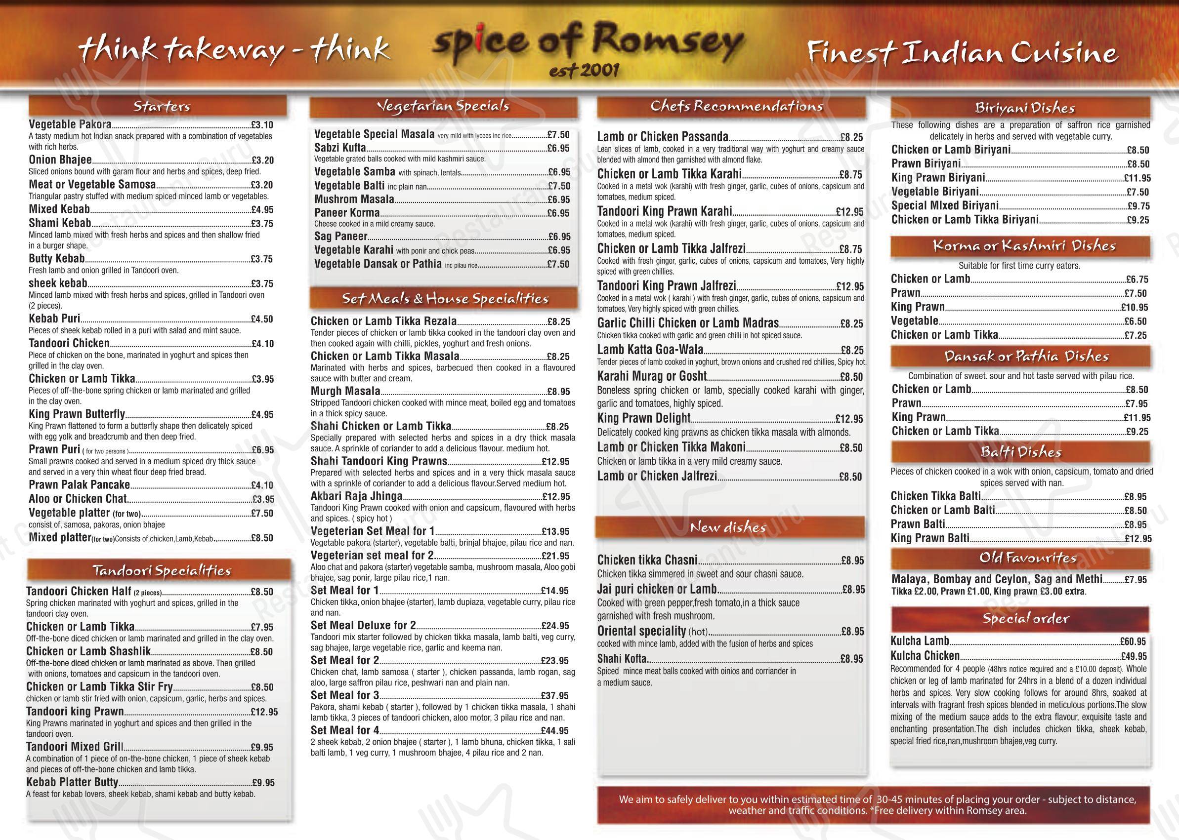 Menu at Spice Of Romsey restaurant, Romsey, 5 Viney Ave
