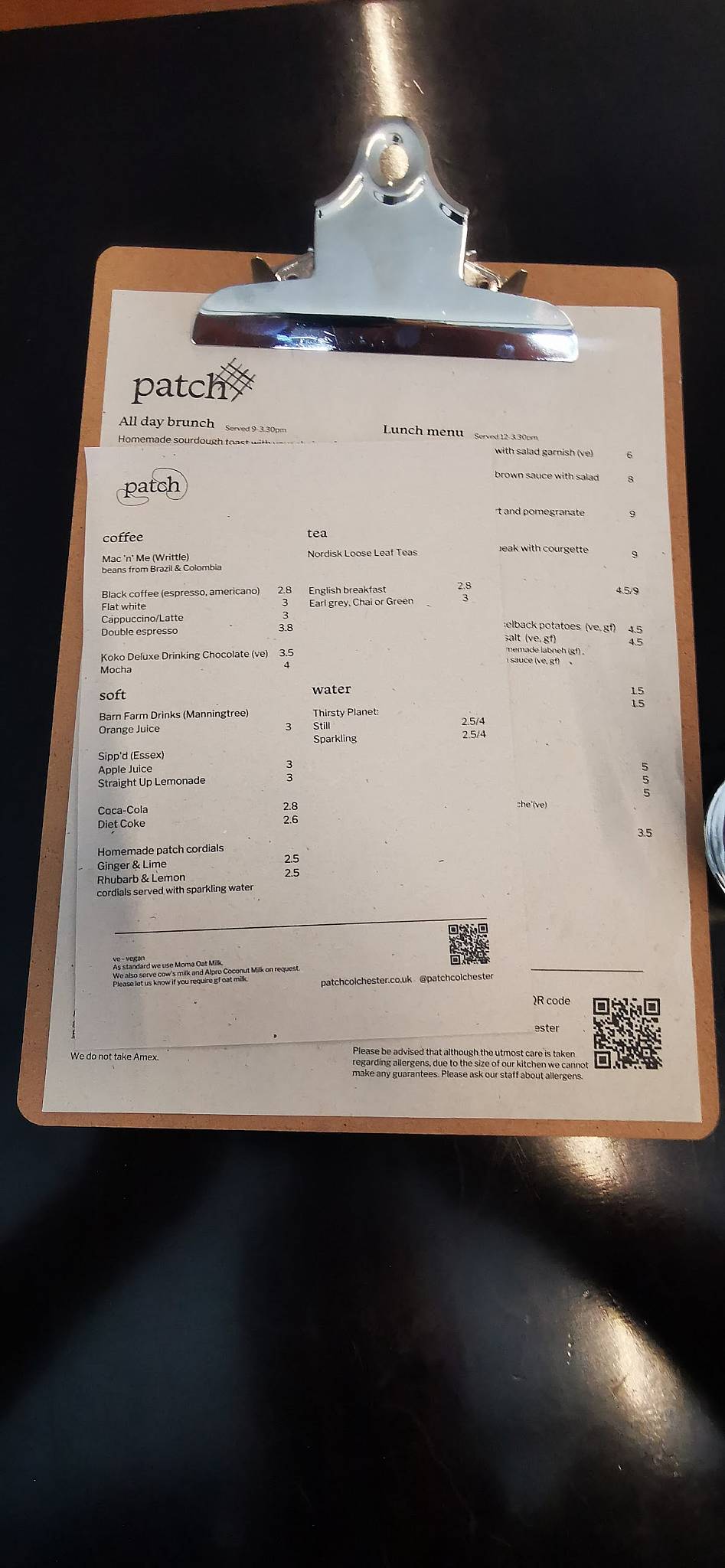 Menu at patch restaurant, Colchester