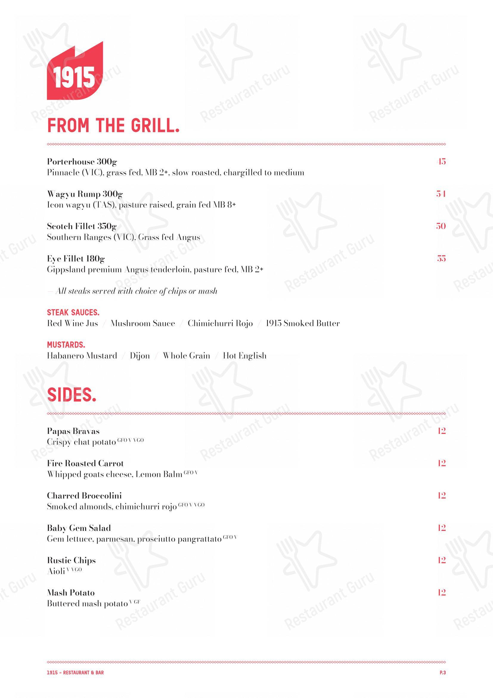 Menu at 1915 restaurant, North Geelong