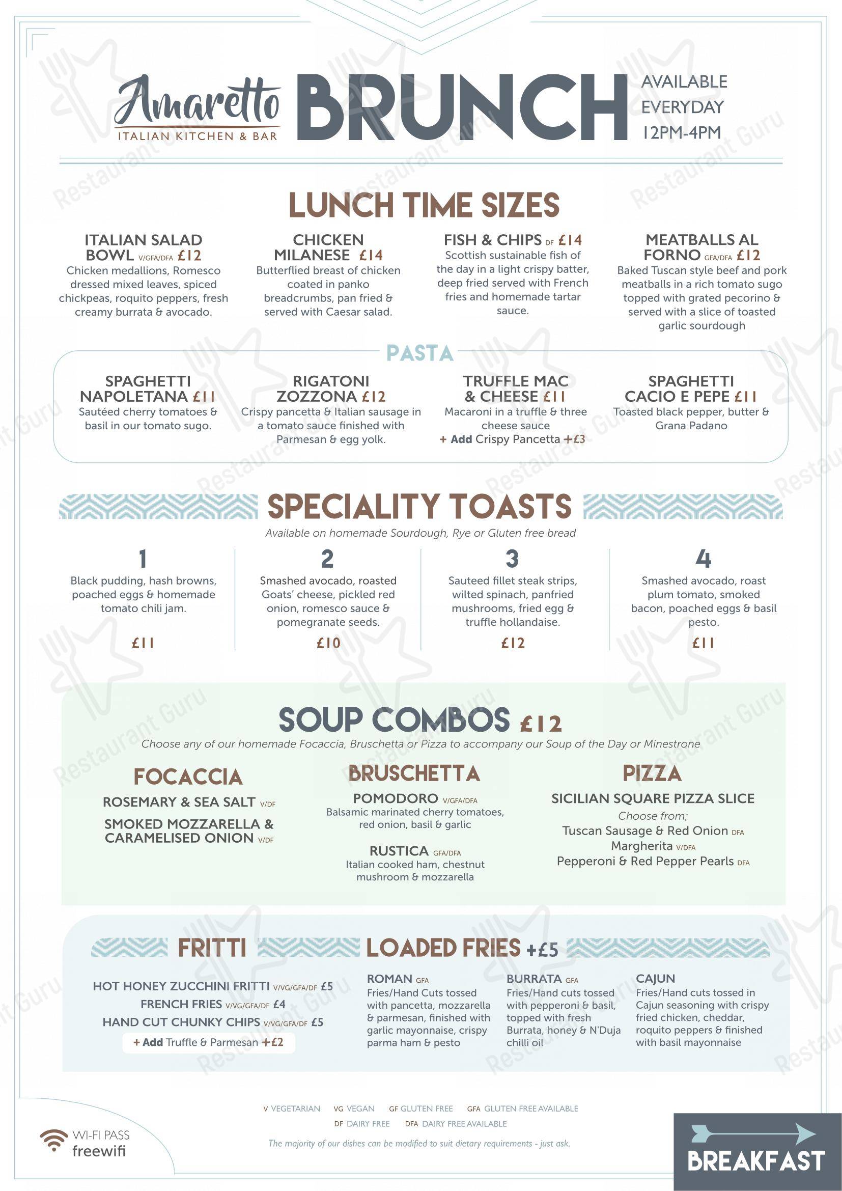 Menu at Amaretto Italian Kitchen & Bar, Bridge of Weir