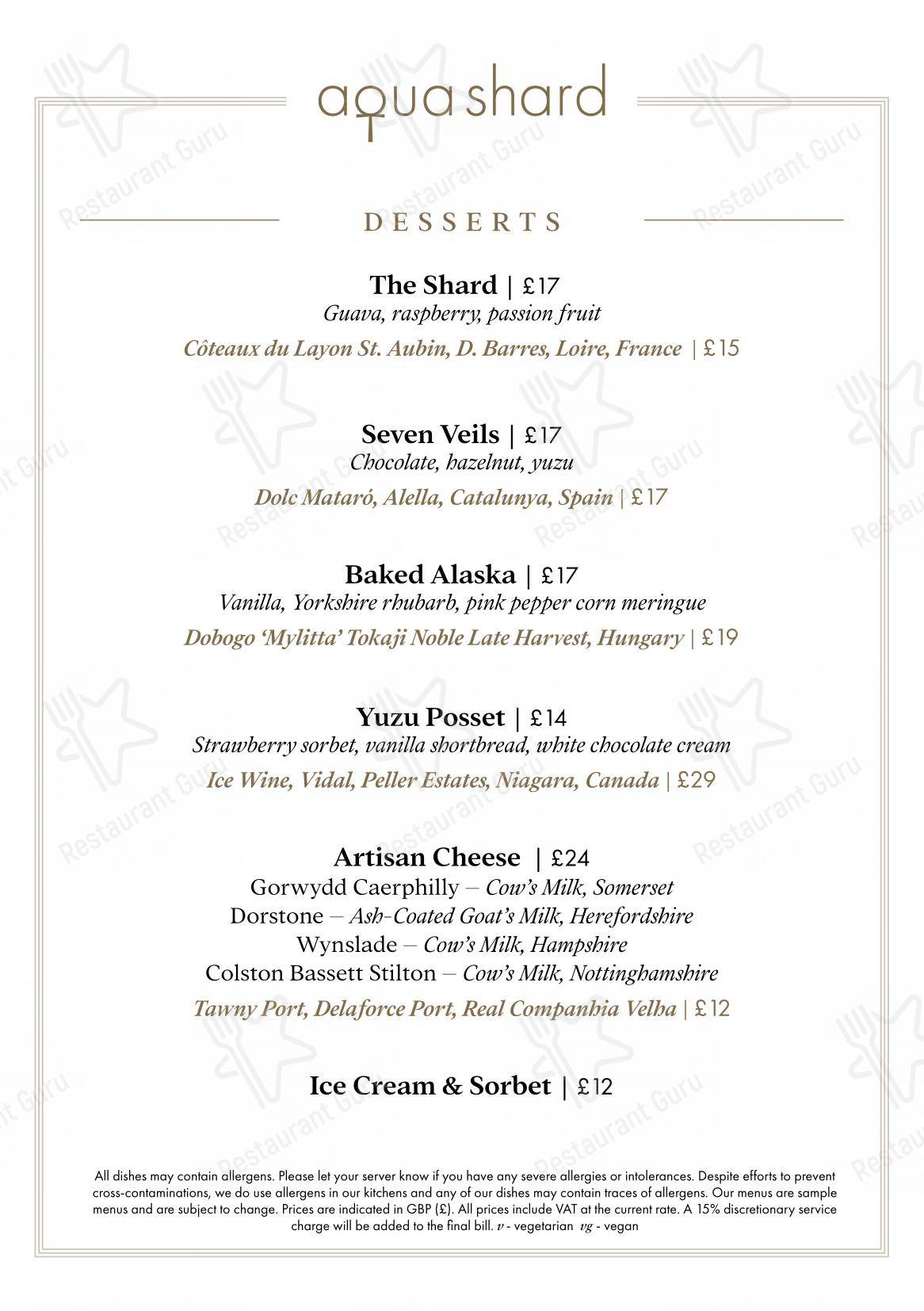 Menu at Aqua Shard pub & bar, London, Level 31