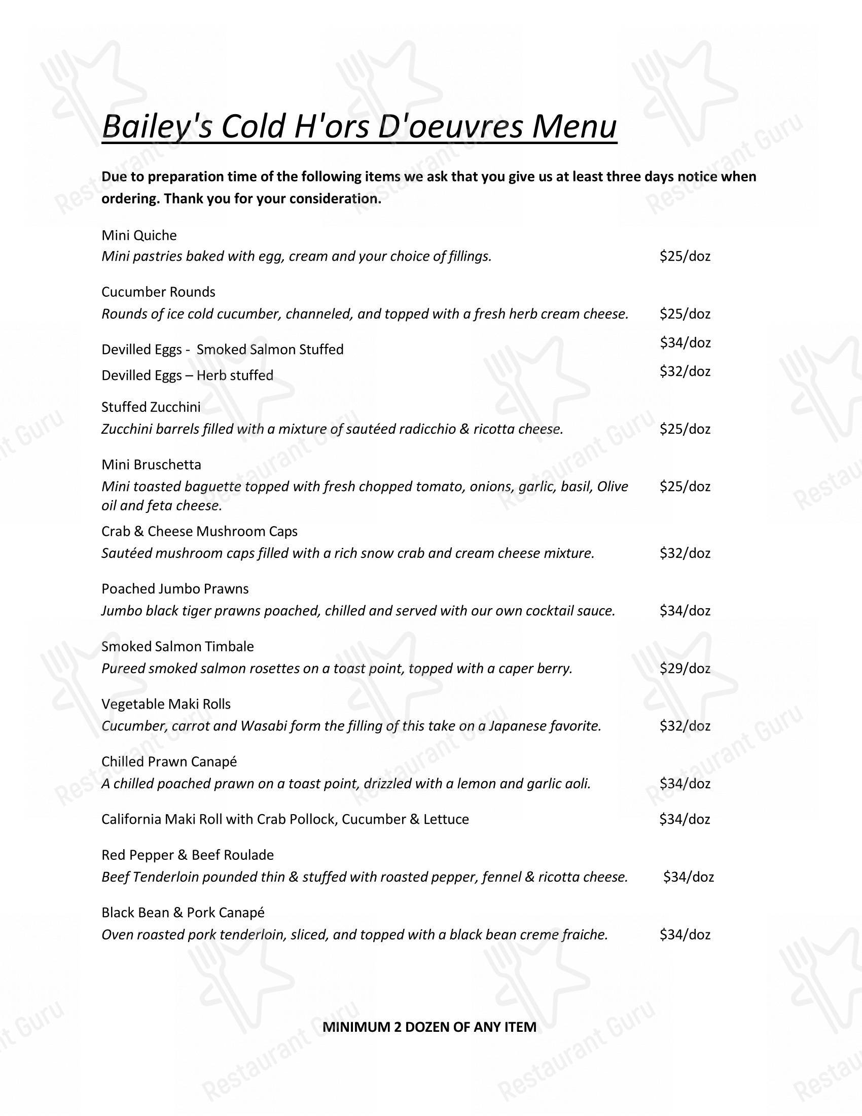 Menu at Bailey's Restaurant, Winnipeg, 185 Lombard Ave