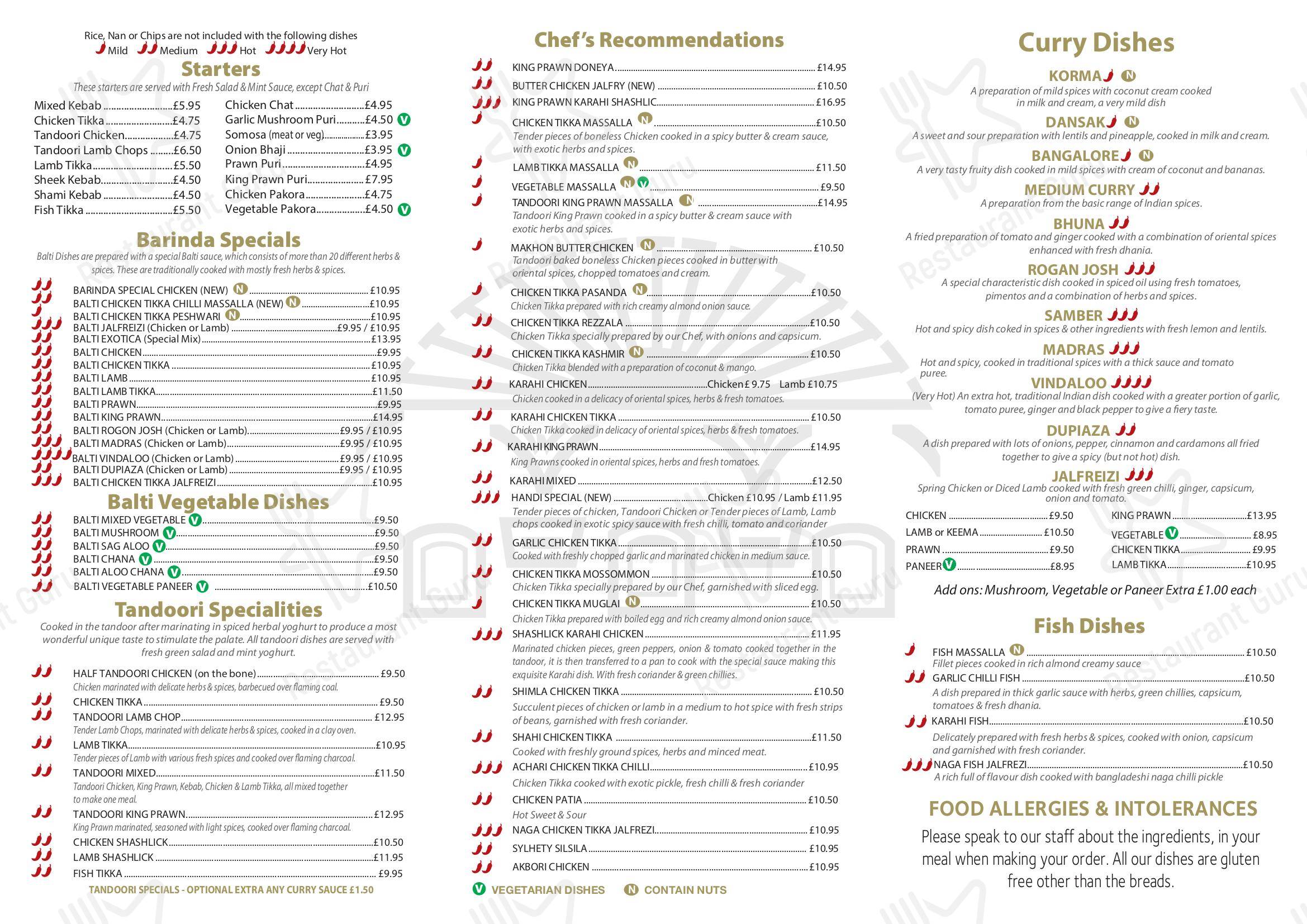 Menu at Barinda, Wilmslow