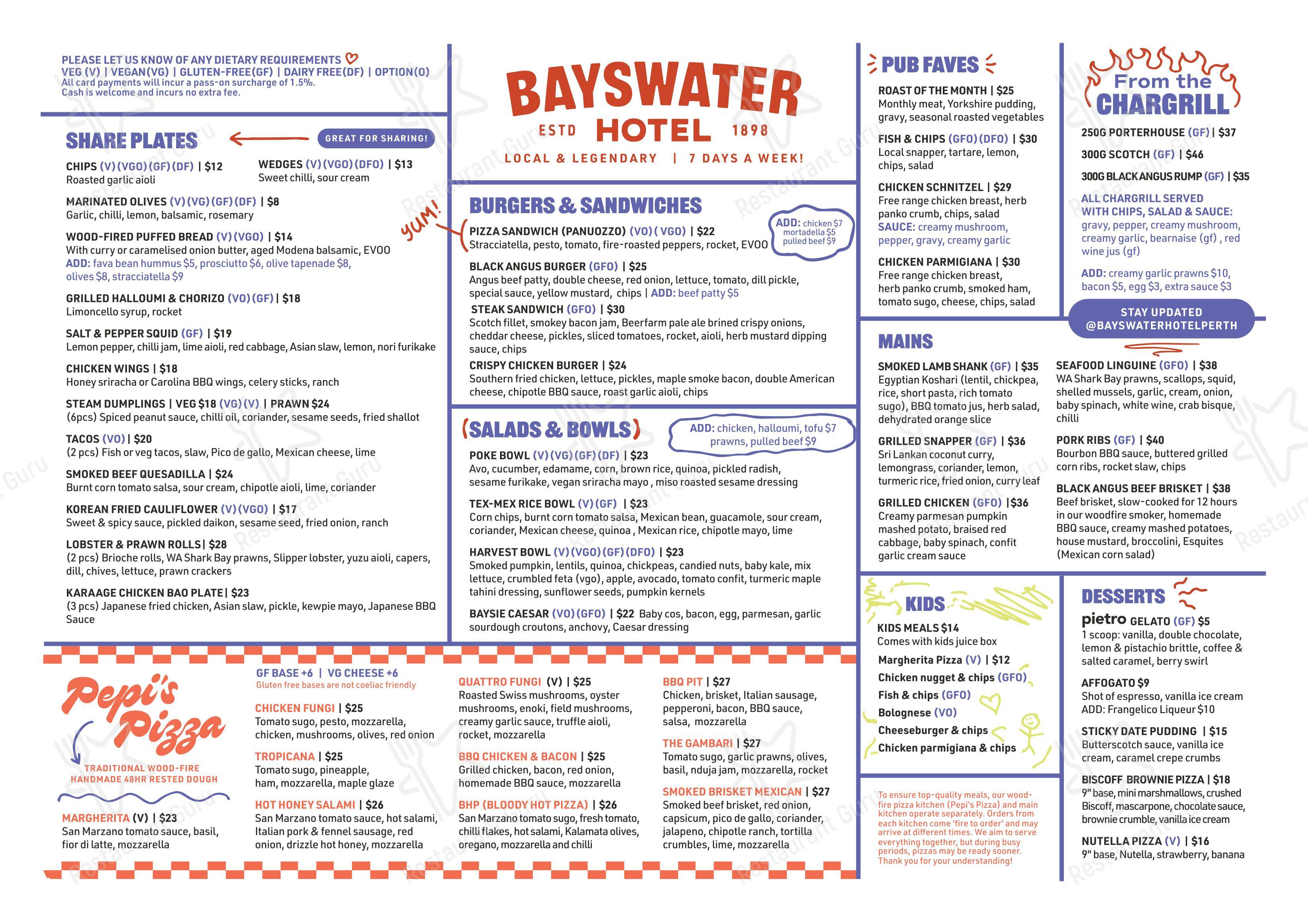 Menu at Bayswater Hotel & Motel pub & bar, Bayswater