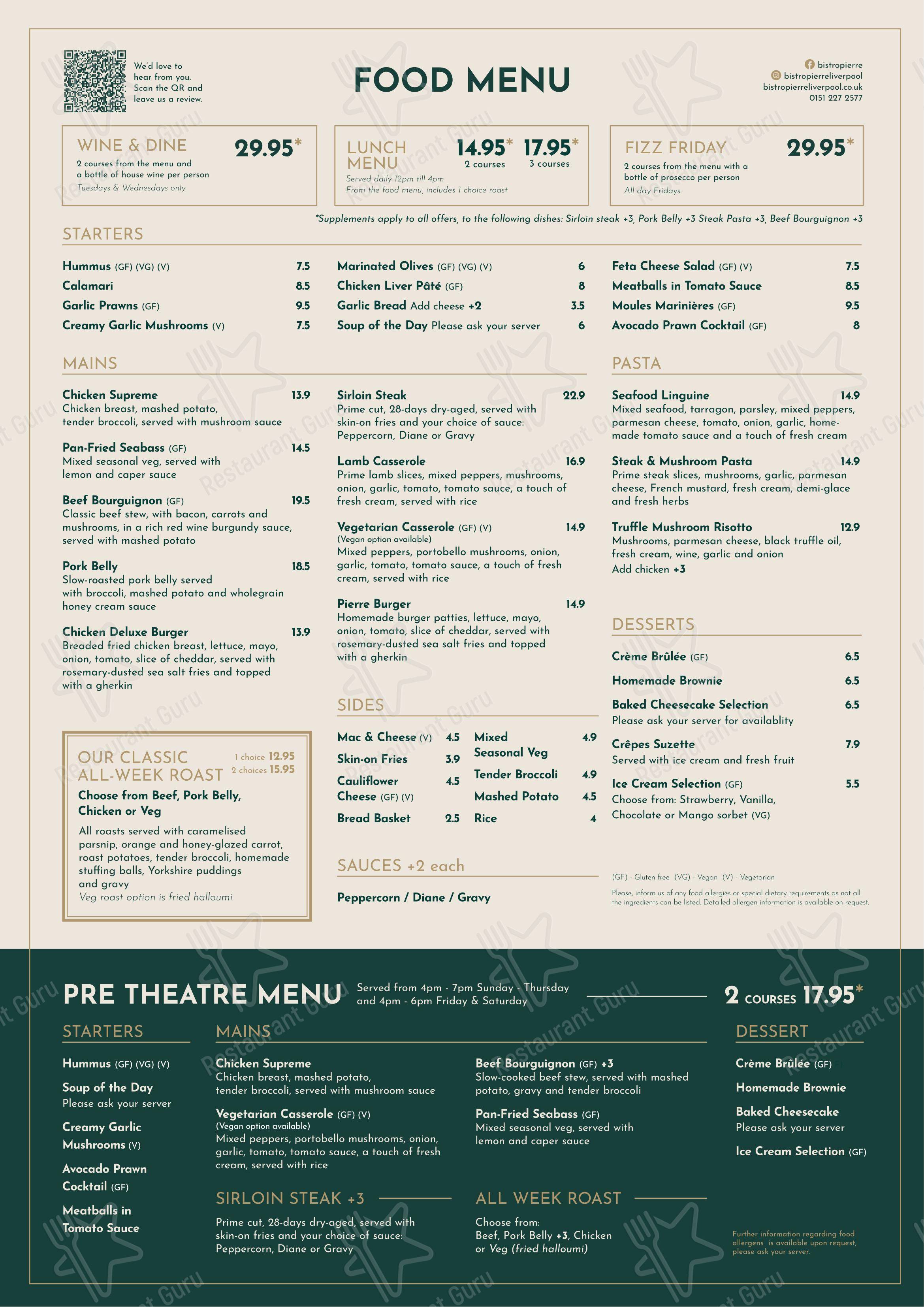 Menu at Bistro Pierre LIVERPOOL CAVERN QUARTER pub & bar, Liverpool, 14 ...