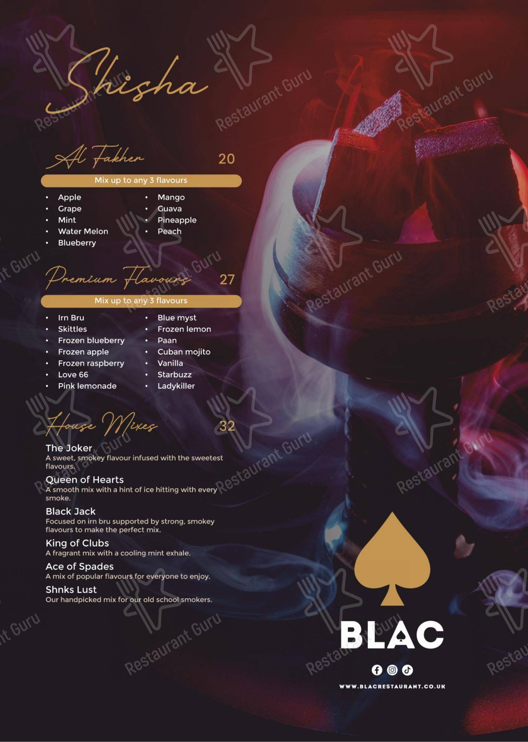 Menu at Blac Restaurant, Birmingham