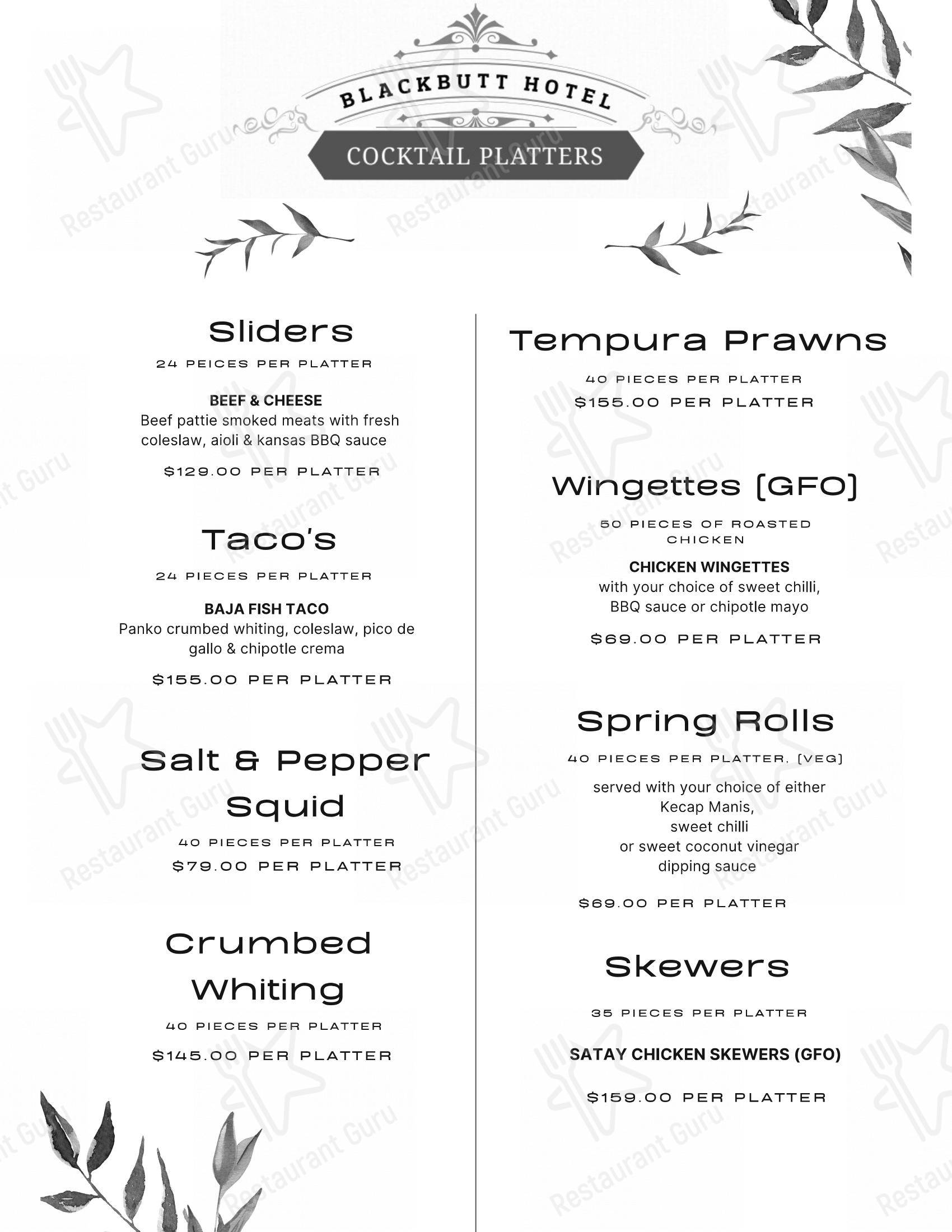 Menu at Blackbutt Hotel restaurant, New Lambton, 80 Orchardtown Rd