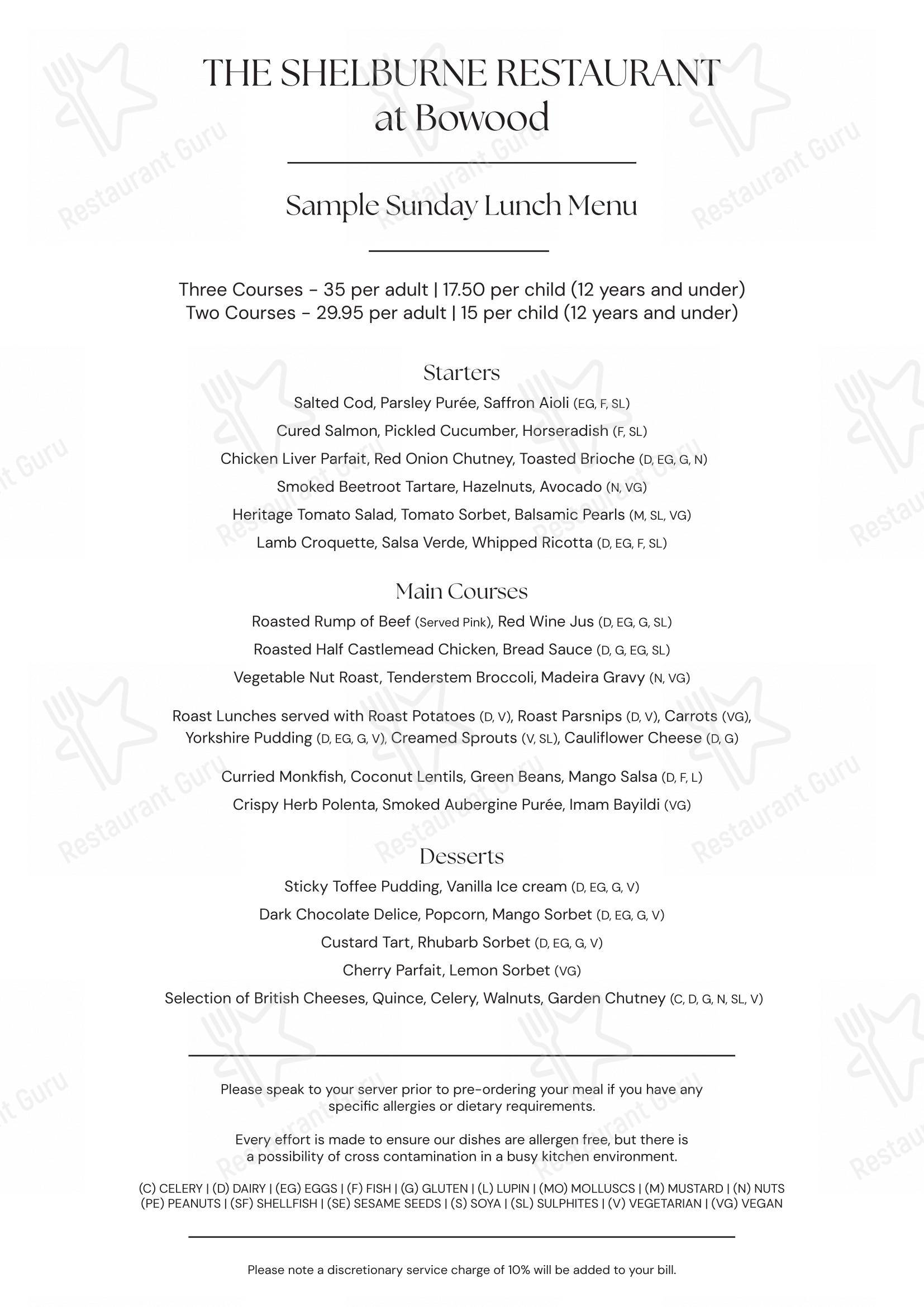Menu at Bowood Hotel, Spa & Golf Resort restaurant, Calne