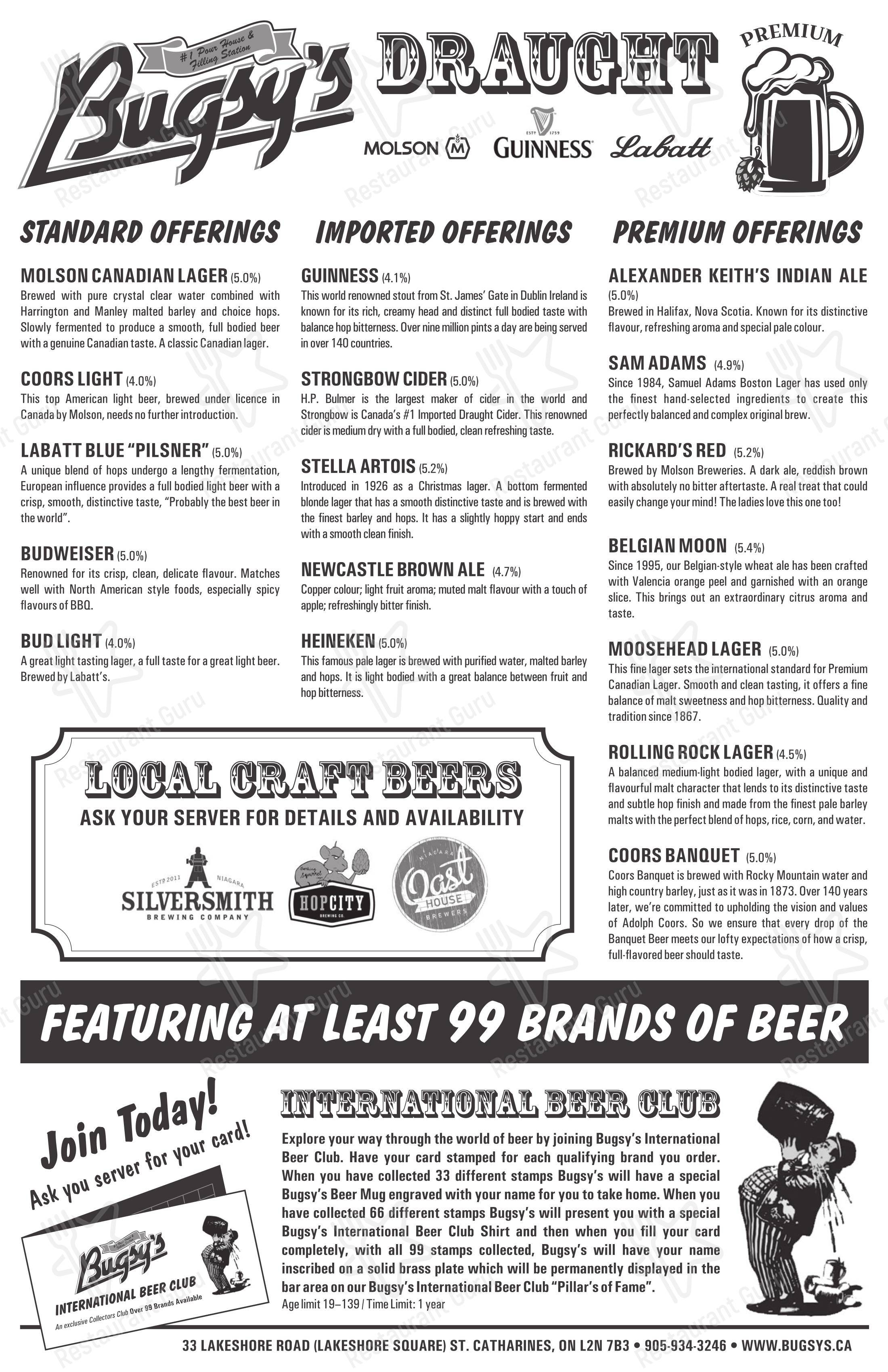 Menu at Bugsy's pub & bar, St. Catharines