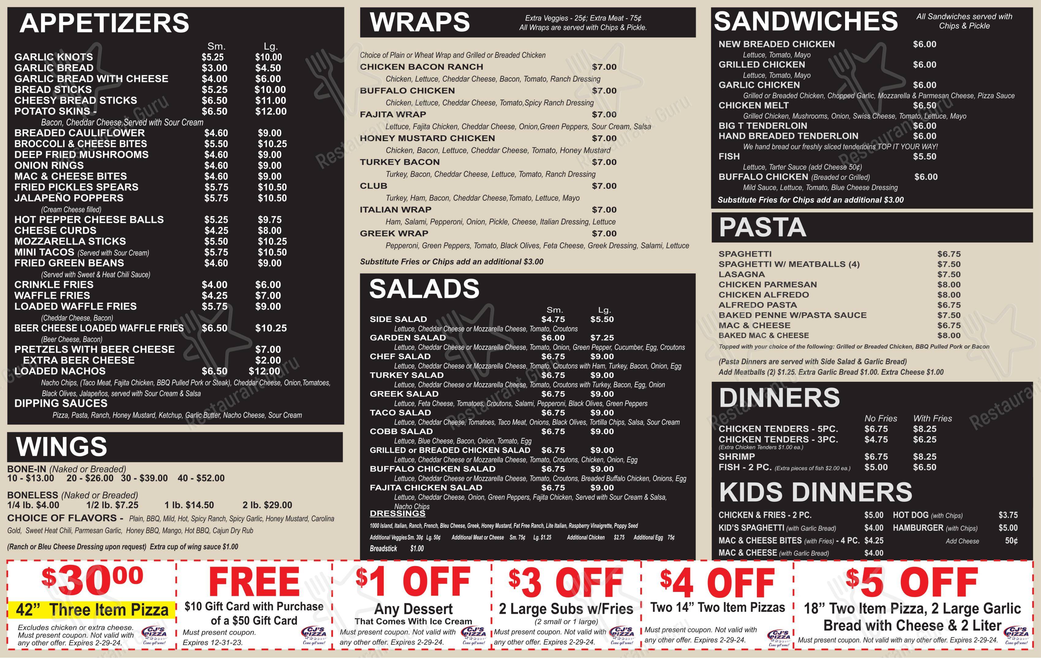 Menu at CJ's Pizza & Subs pizzeria, Wytheville