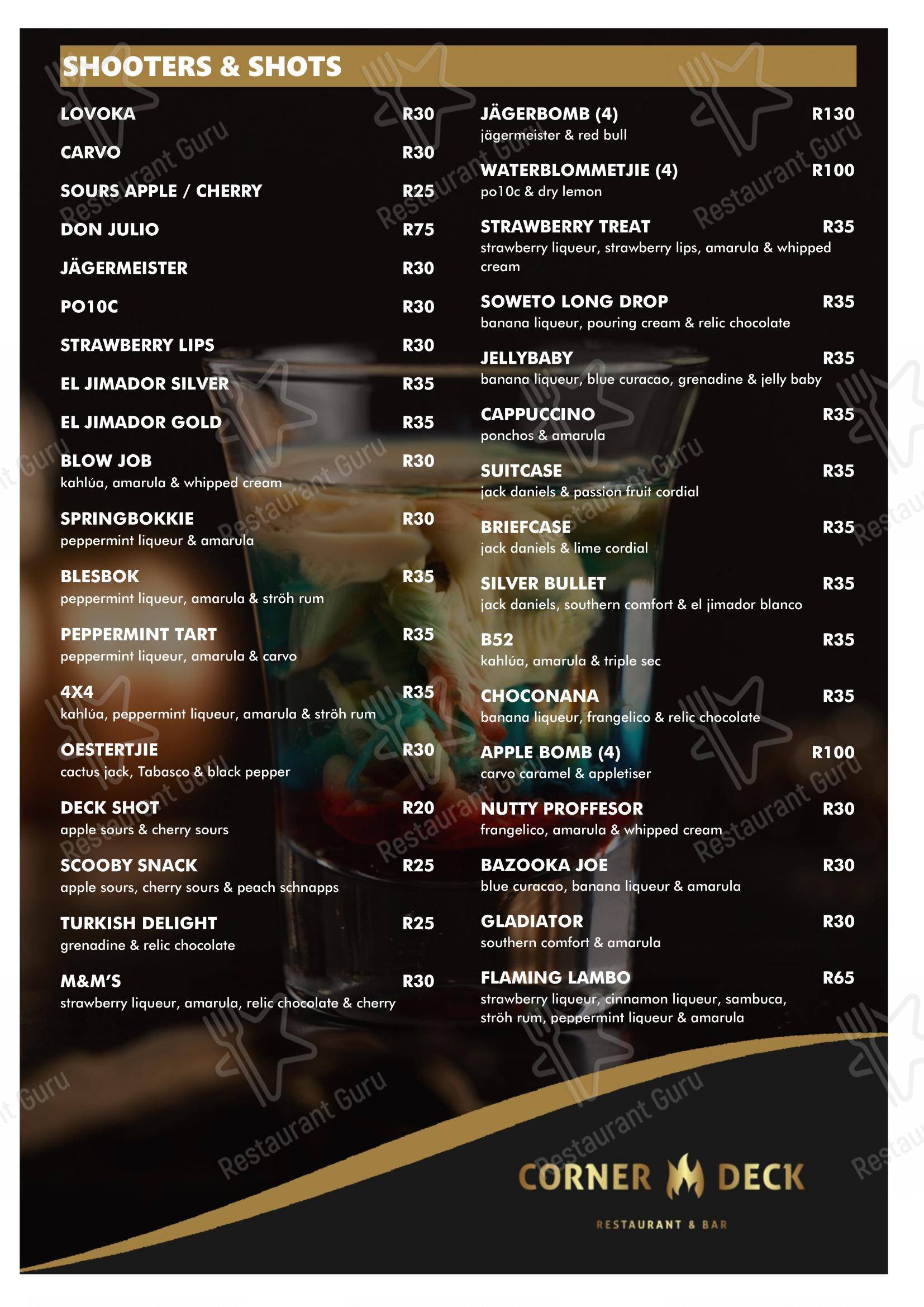 Menu at CORNER DECK restaurant, Cape Town, Cape Gate Lifestyle Centre