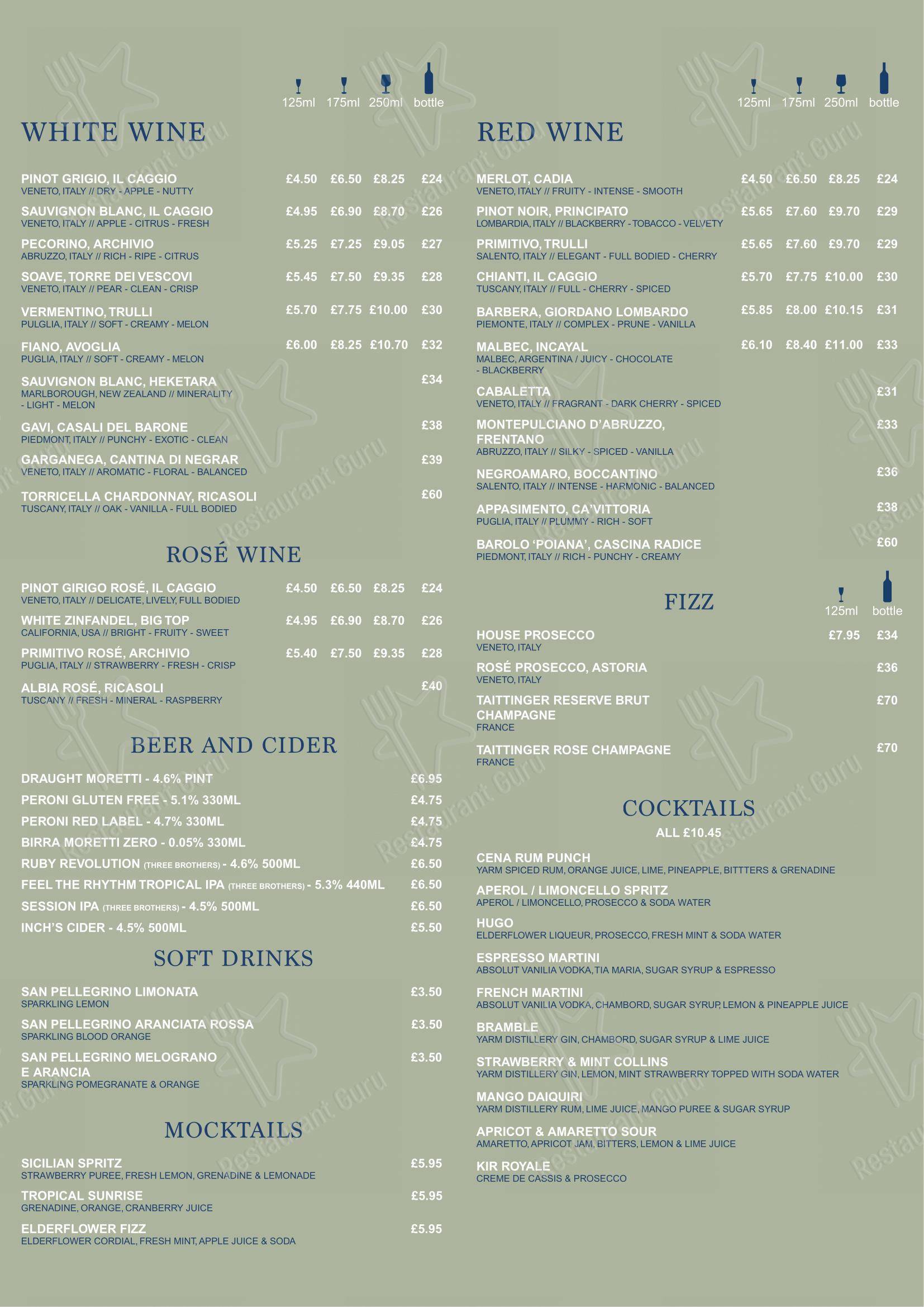 Menu at Cena Trattoria restaurant, Yarm