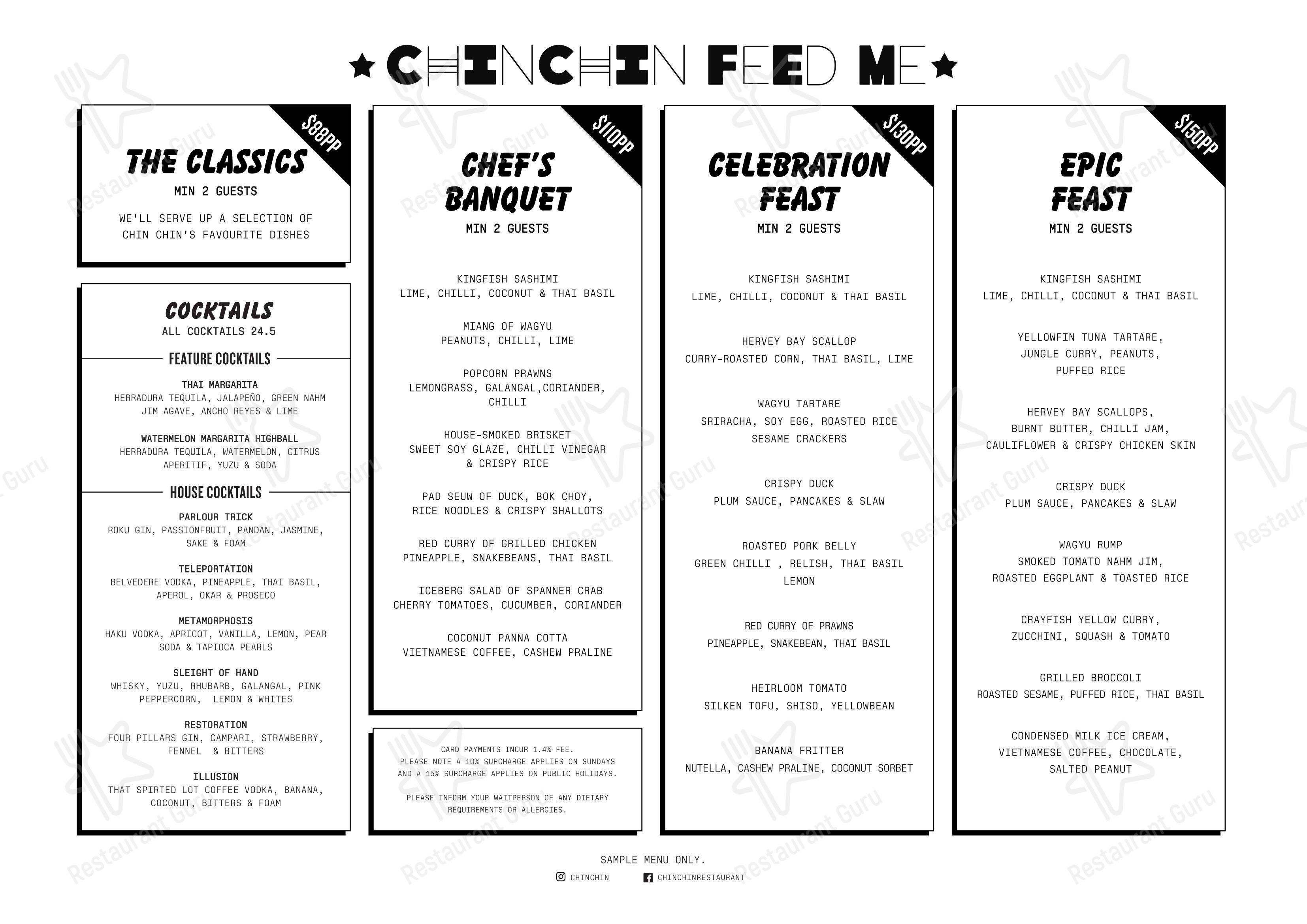 Menu at Chin Chin restaurant, Melbourne